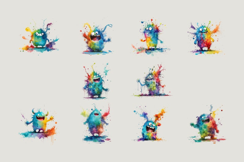 Playful Monster Clipart Bundle Watercolor Monster Digital Wall Art ...