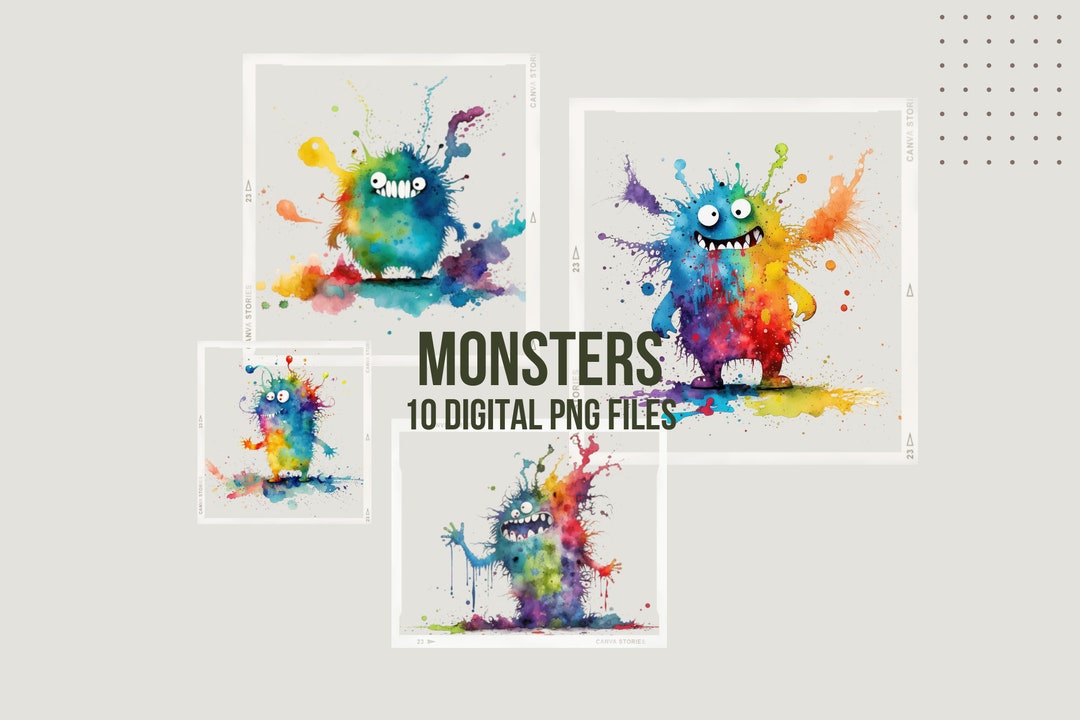 Playful Monster Clipart Bundle Watercolor Monster Digital Wall Art ...