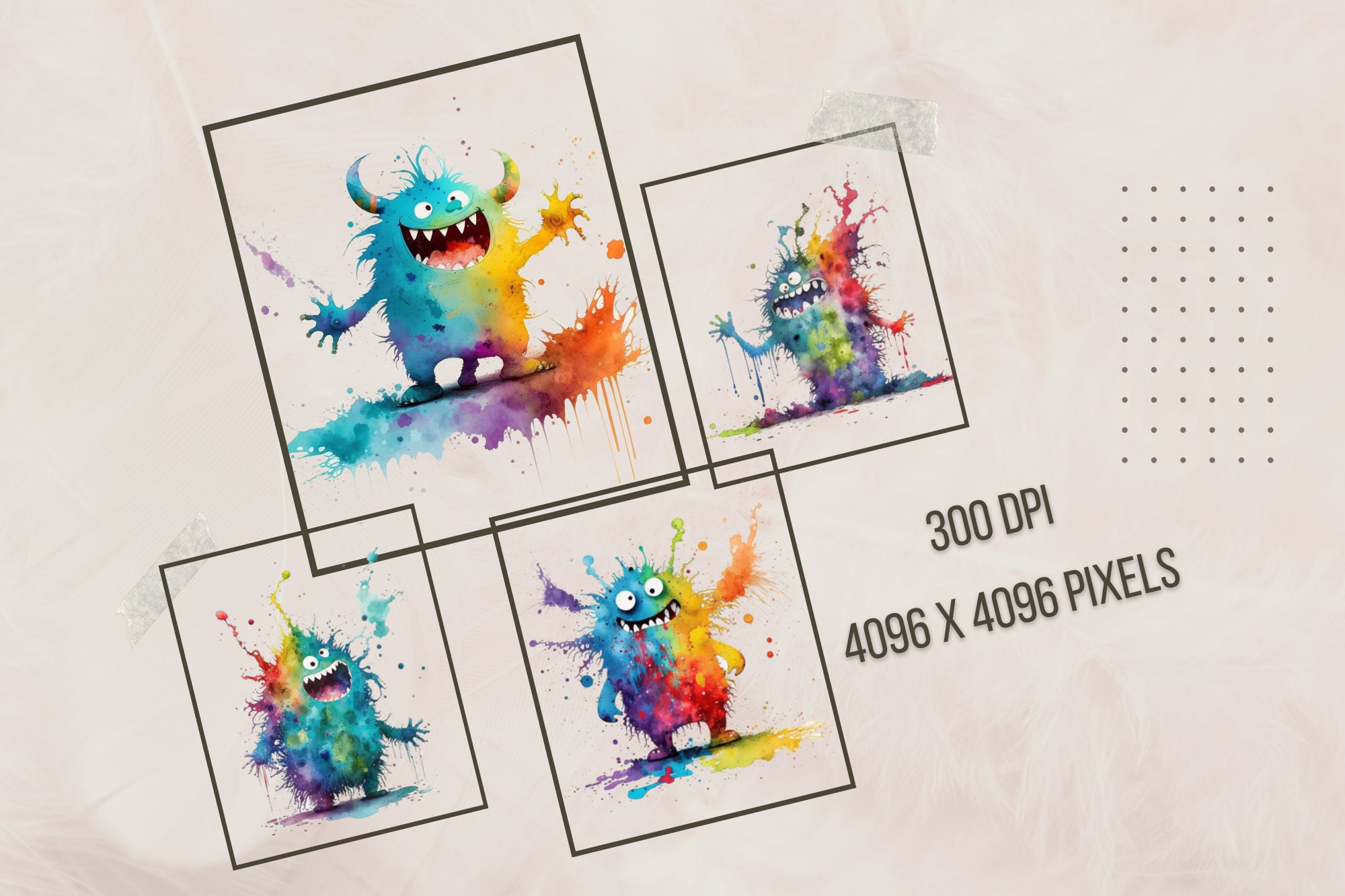 Playful Monster Clipart Bundle Watercolor Monster Digital Wall Art ...