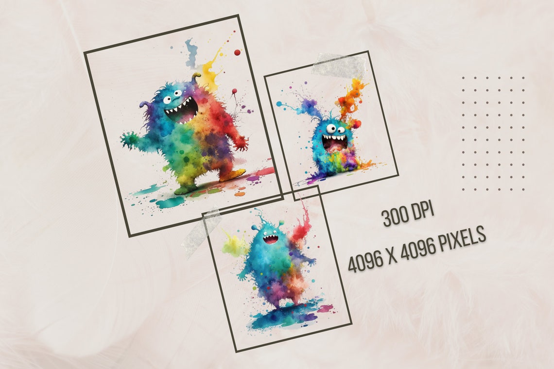 Playful Monster Clipart Bundle Watercolor Monster Digital Wall Art ...