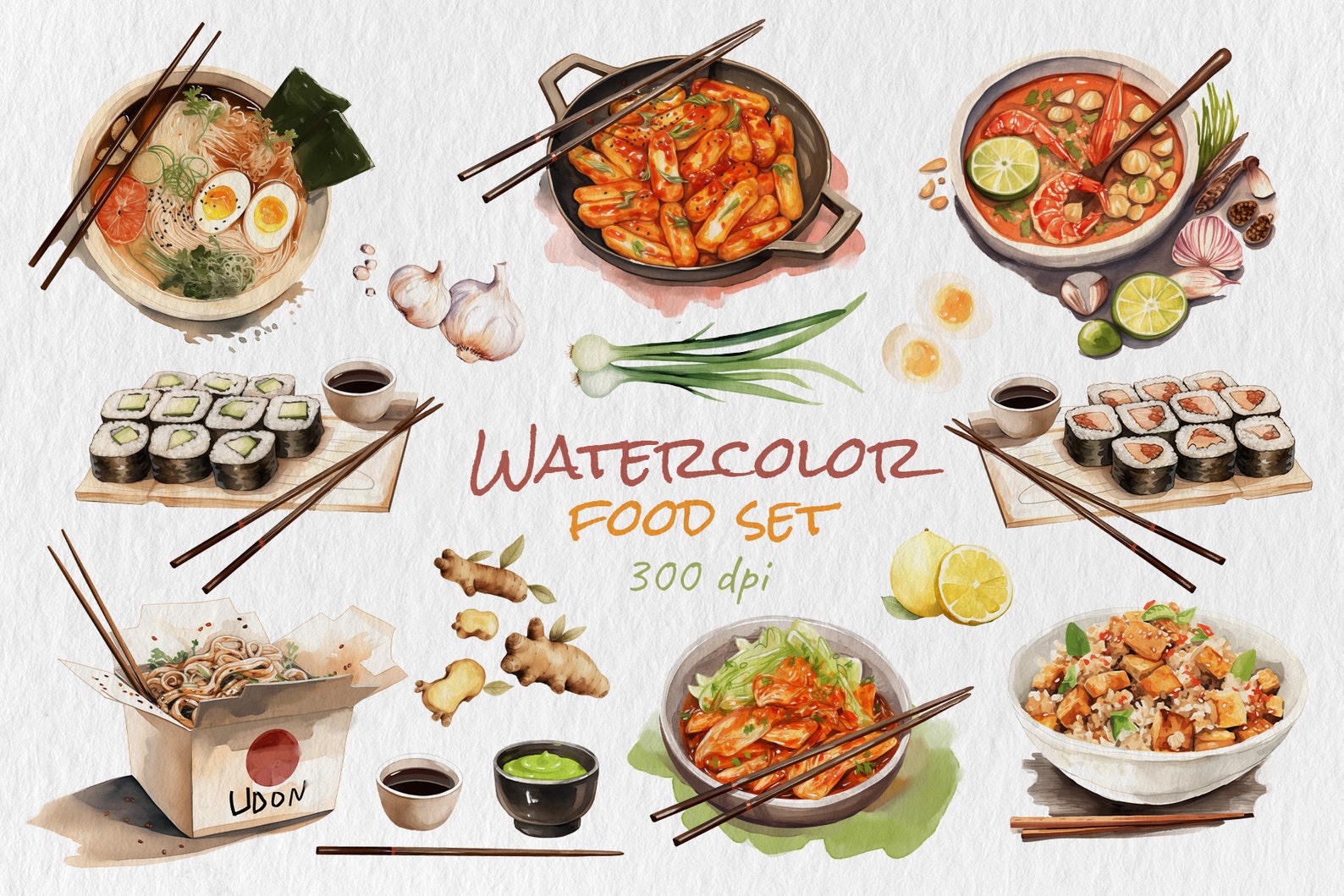 Watercolor Asian Food Clipart - Sushi - Ramen - Tteokbokki - Tom-yam ...