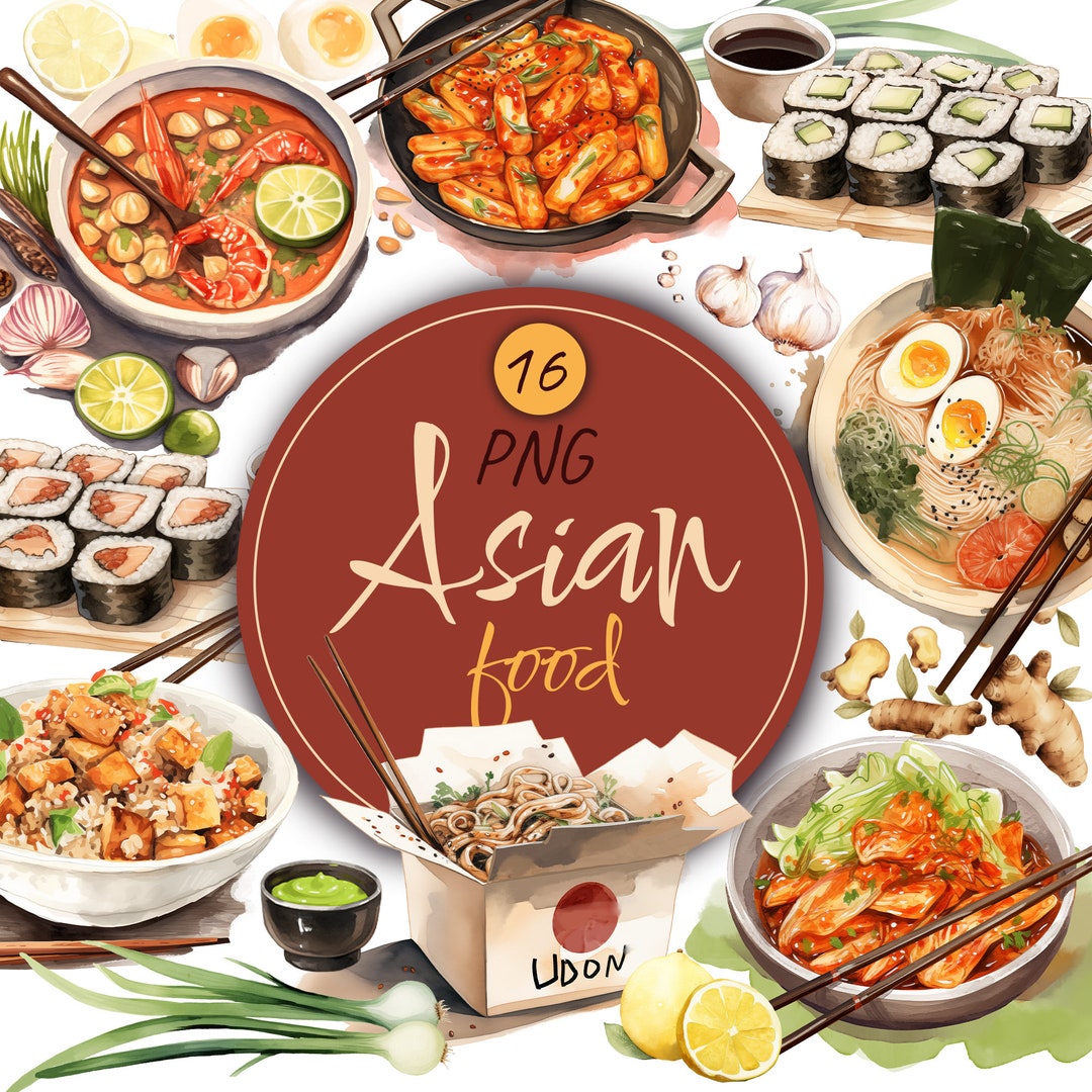 Watercolor Asian Food Clipart Sushi Ramen Tteokbokki - Etsy