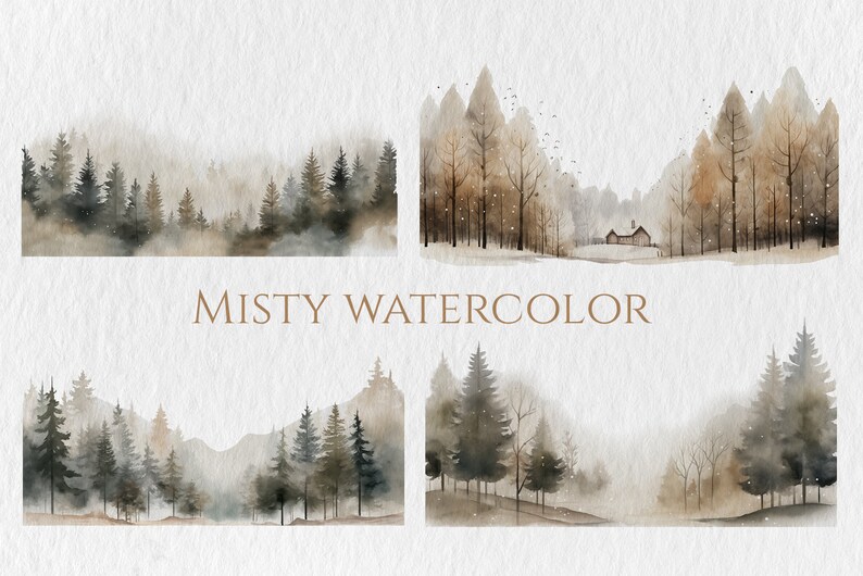 Watercolor Misty Pine Forest Landscapes. Winter Forest Scenery Clipart ...