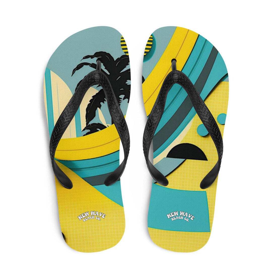 Abstract Yellow Blue Palm Tree Flip Flops Colorful Exotic Footwear Thong Sandals Summer Woman ...