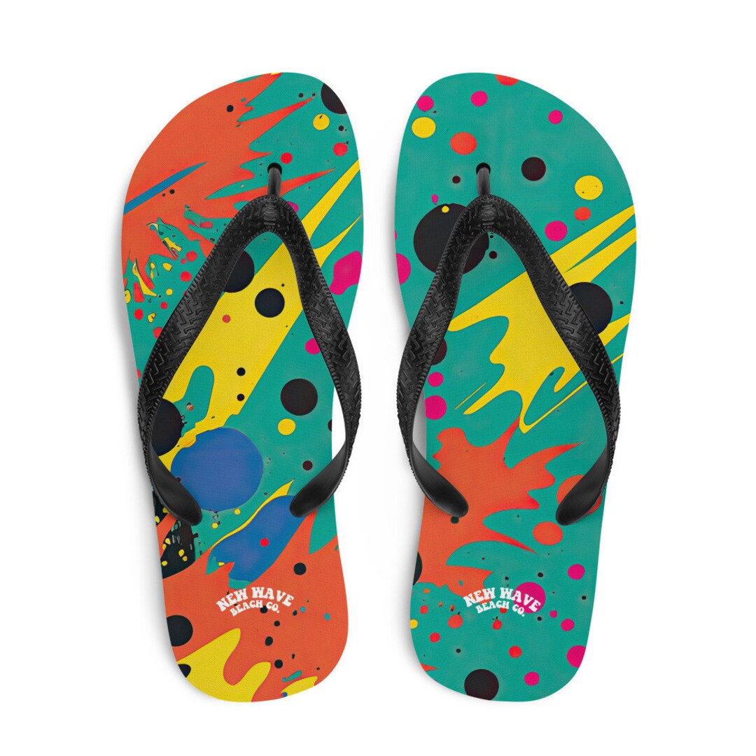 90's Green Orange Yellow Splatter Paint Funky Party Flip Flops Colorful ...