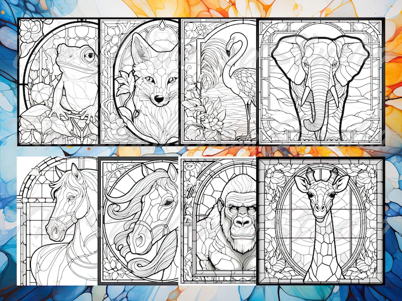 60 Stained Glass Animals Coloring Pages, Cute, Relaxing, Fun, Greyscale ...