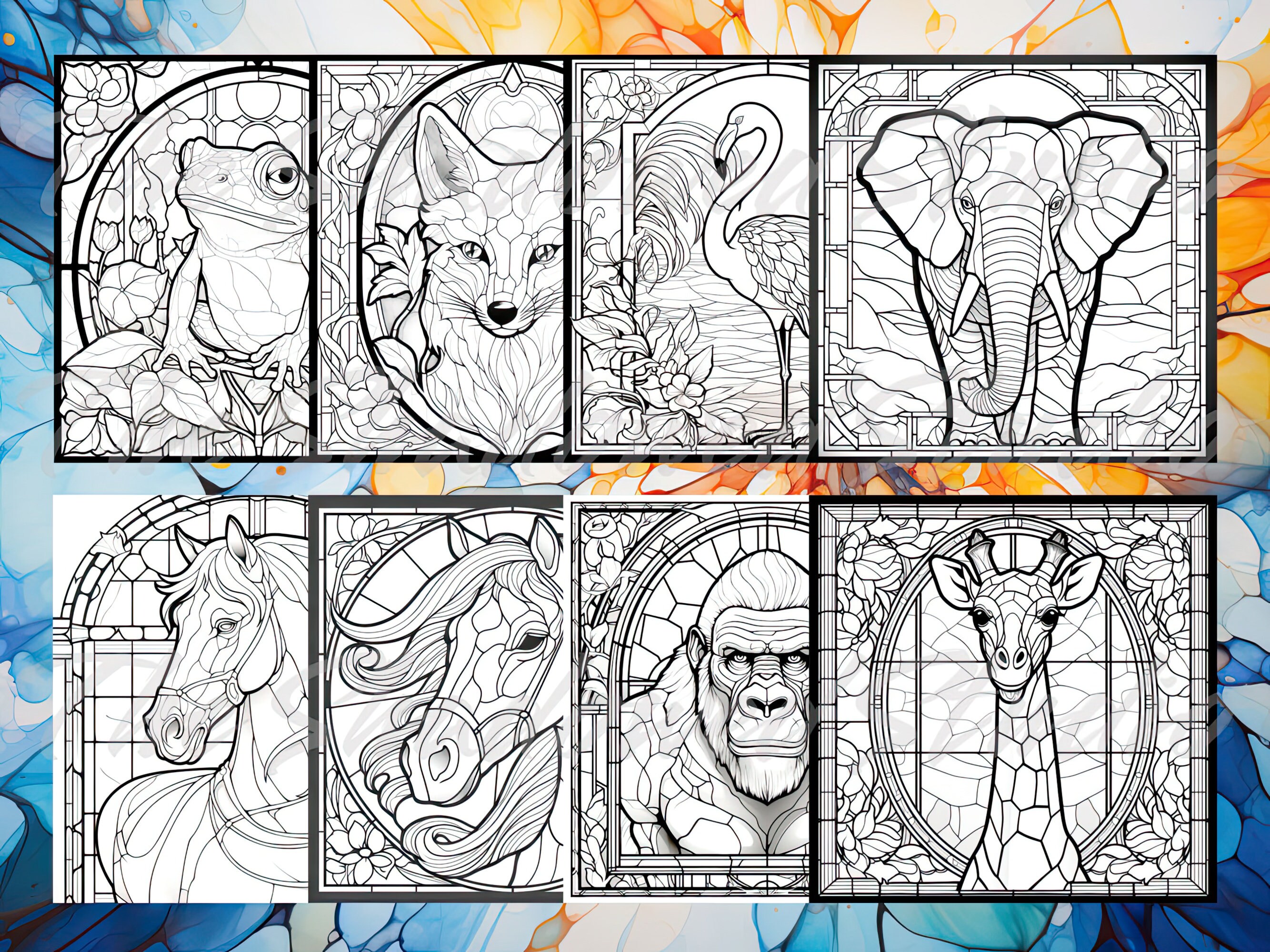 60 Stained Glass Animals Coloring Pages, Cute, Relaxing, Fun, Greyscale ...