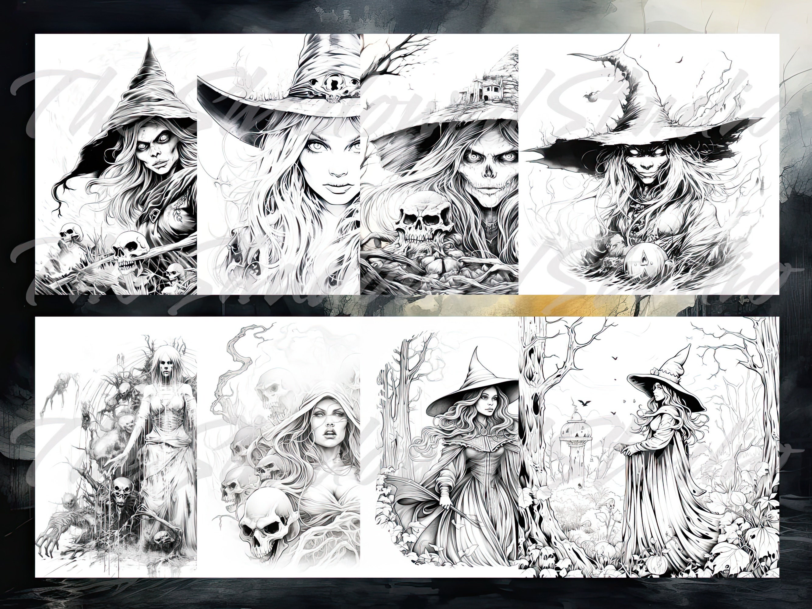 60 Witch Coloring Pages, Magical, Fantasy, Relaxing, Fun, Greyscale ...