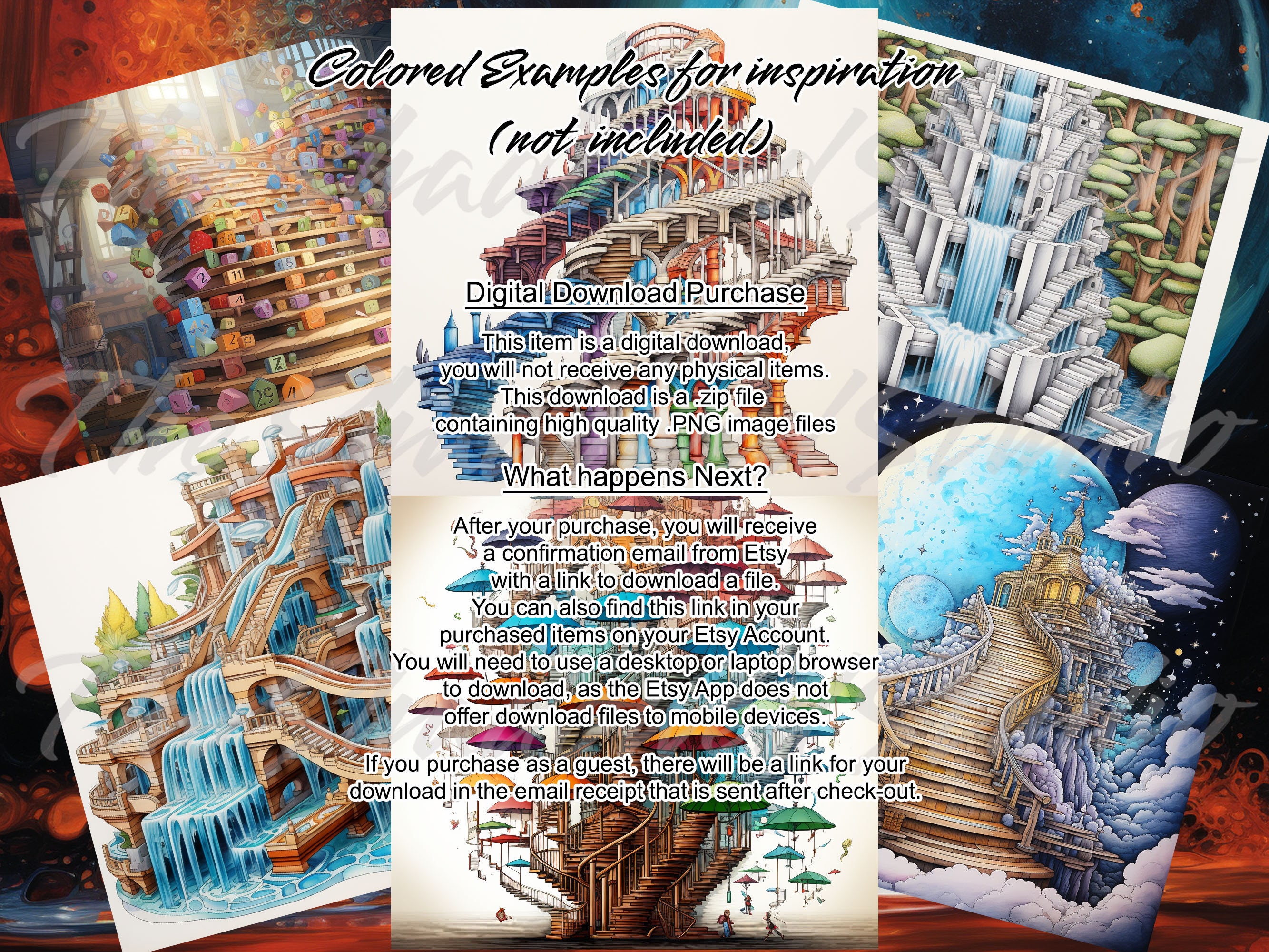 Surreal Staircases 60 Coloring Pages, Fantasy, Relaxing, Fun, Greyscale ...