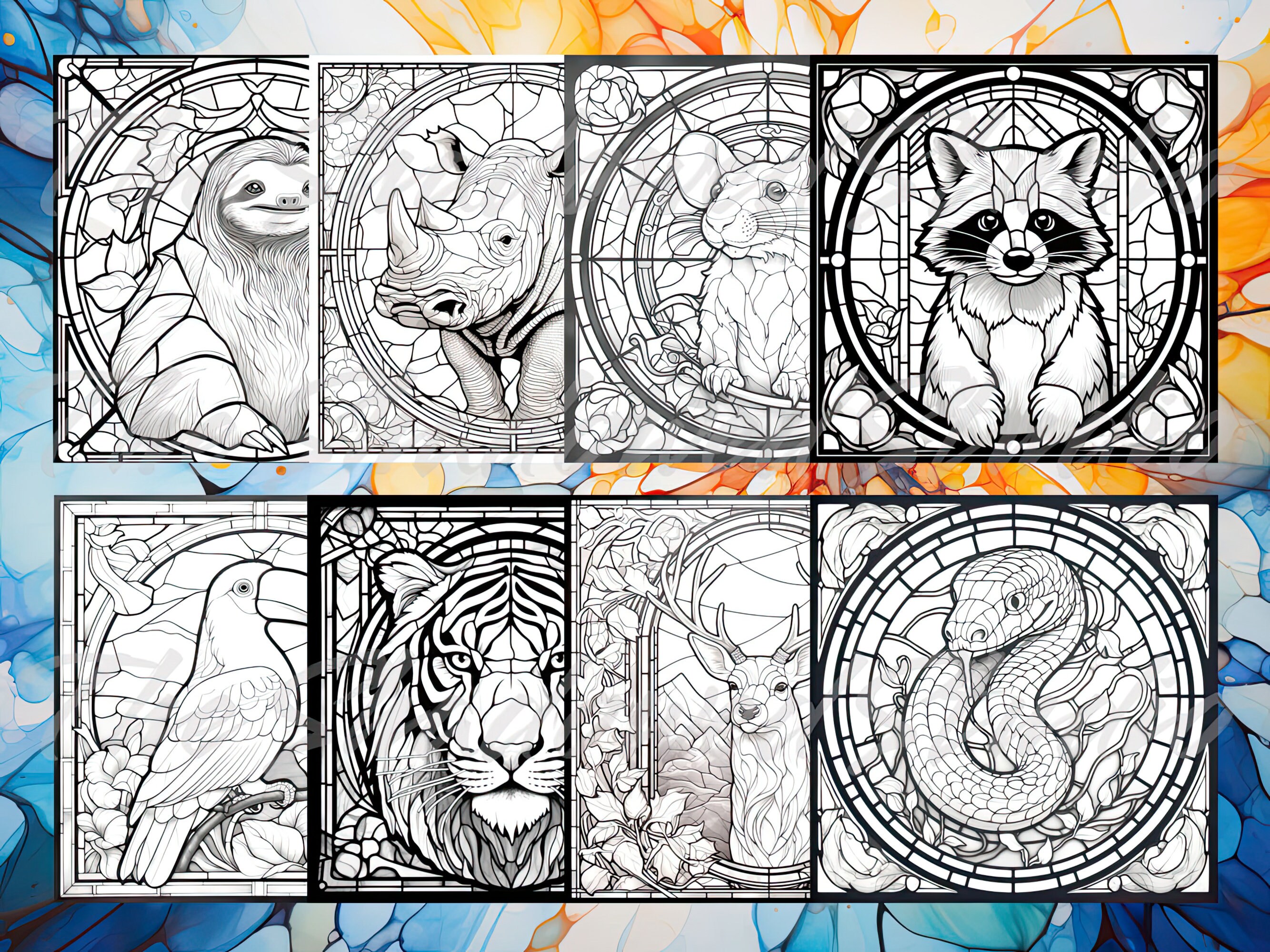 60 Stained Glass Animals Coloring Pages, Cute, Relaxing, Fun, Greyscale ...