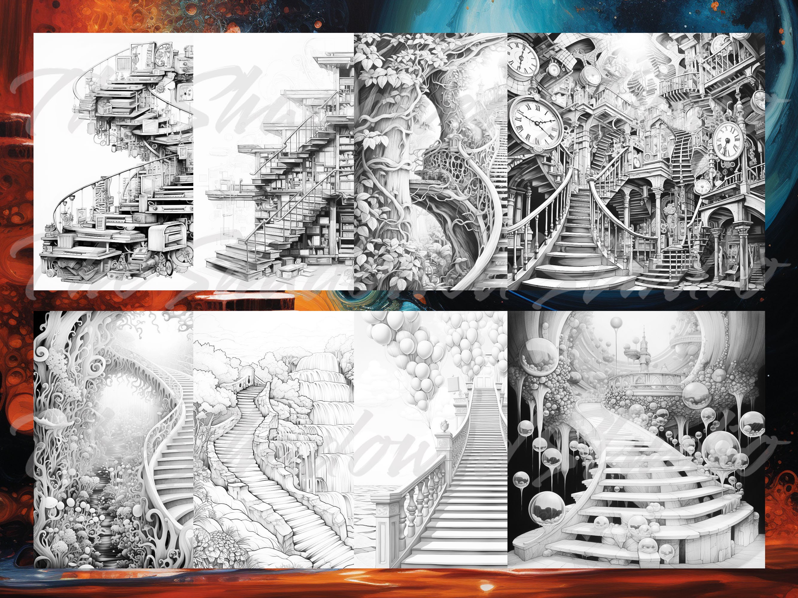 Surreal Staircases 60 Coloring Pages, Fantasy, Relaxing, Fun, Greyscale ...
