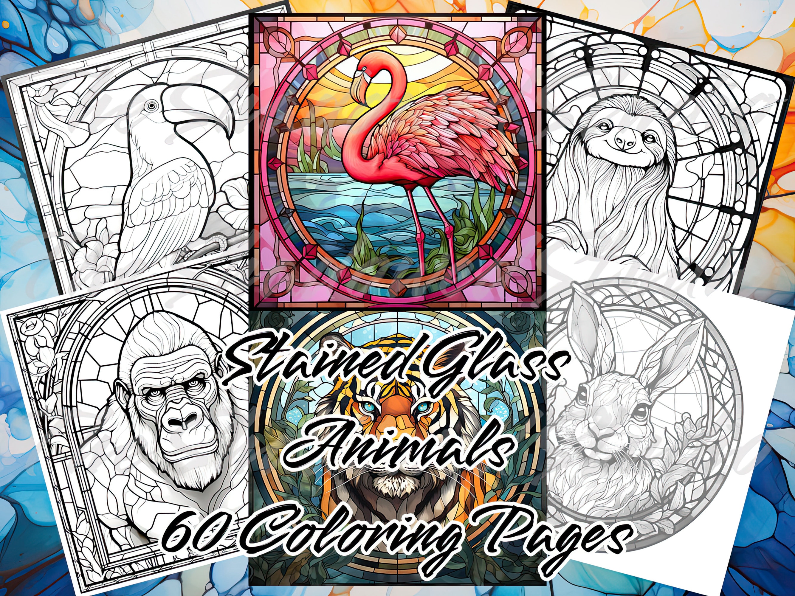 60 Stained Glass Animals Coloring Pages, Cute, Relaxing, Fun, Greyscale ...