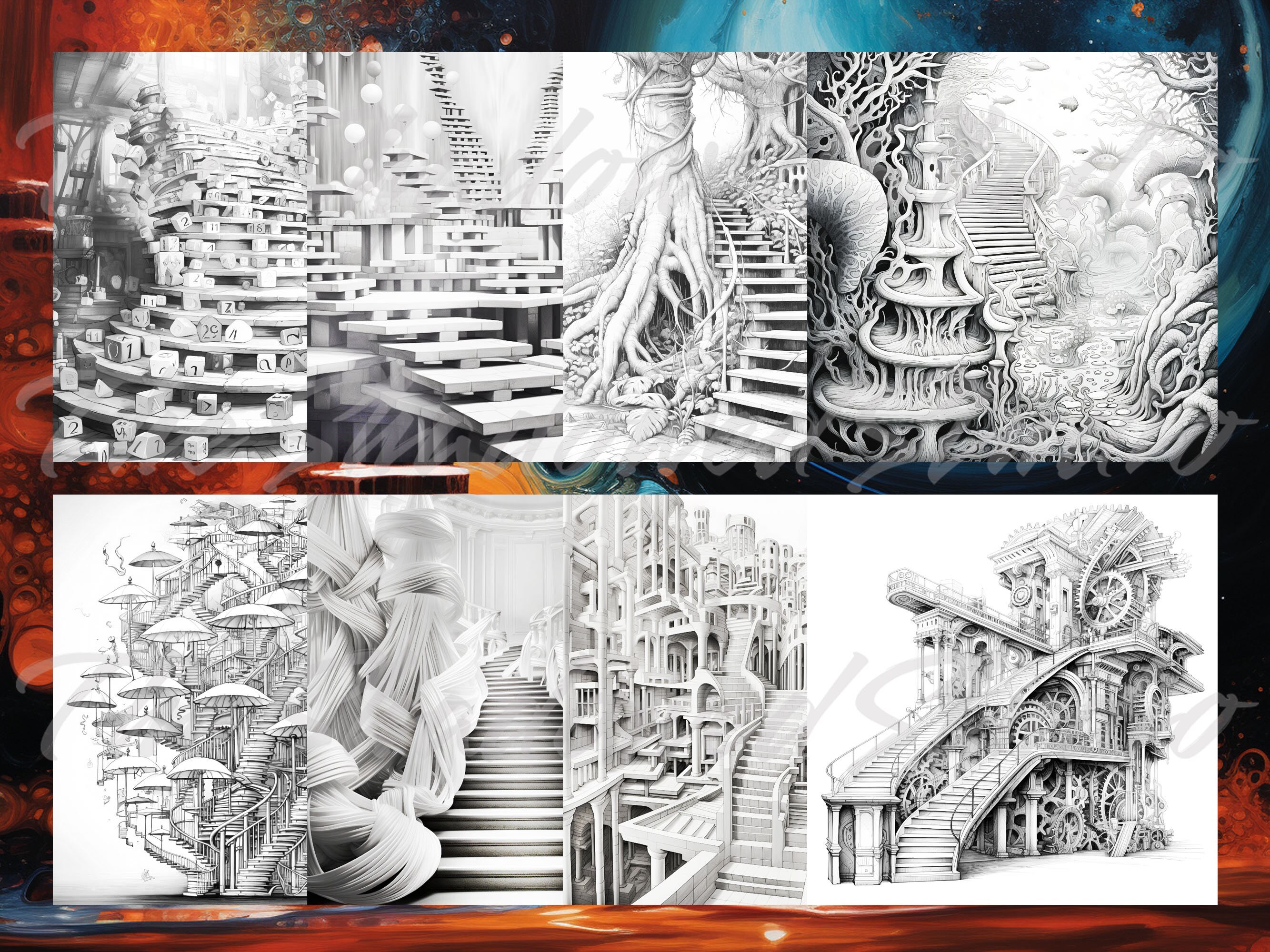 Surreal Staircases 60 Coloring Pages, Fantasy, Relaxing, Fun, Greyscale ...