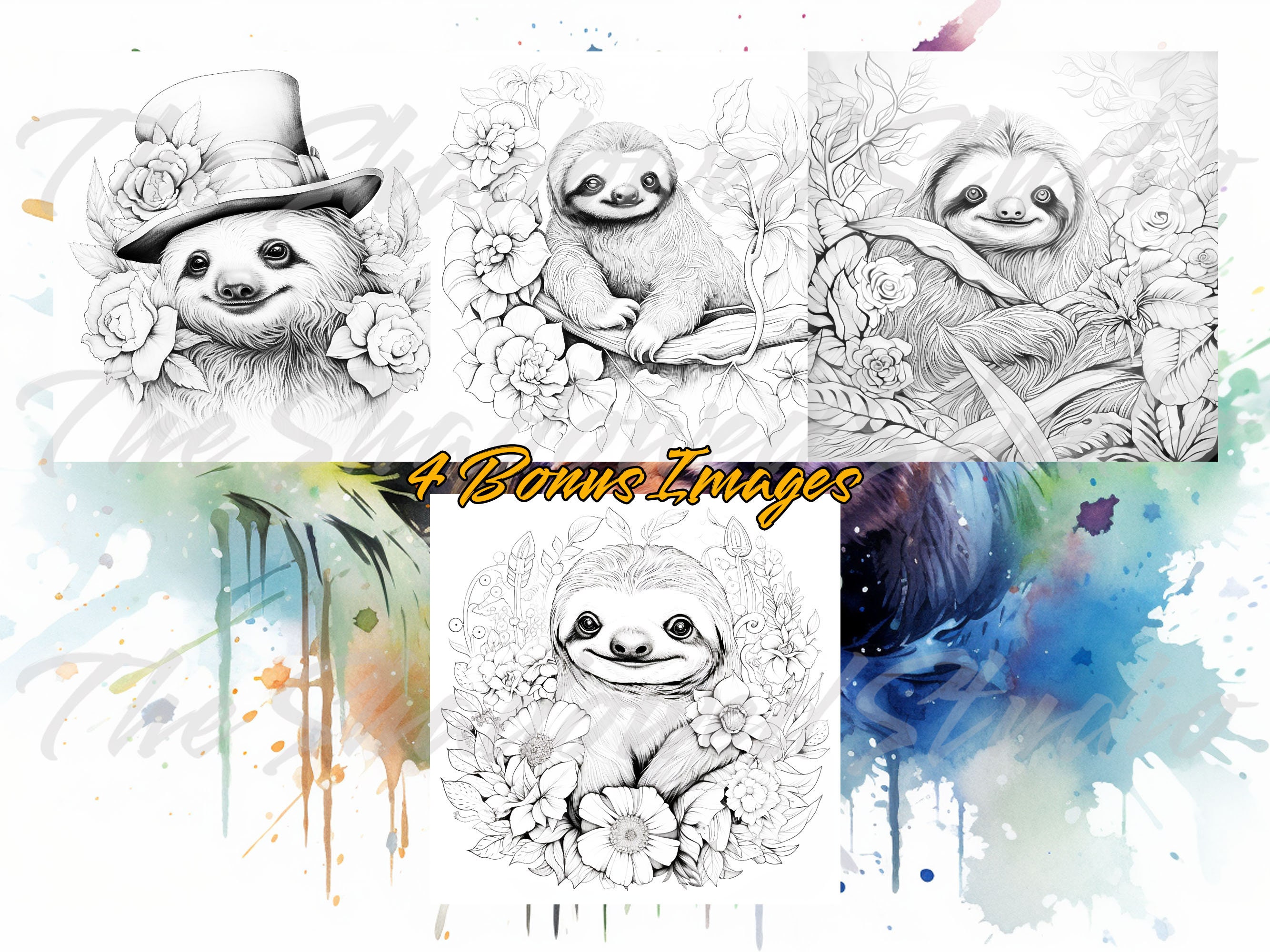 Sloths 30 Coloring Pages, Cute, Nature, Relaxing, Fun, Greyscale Images ...
