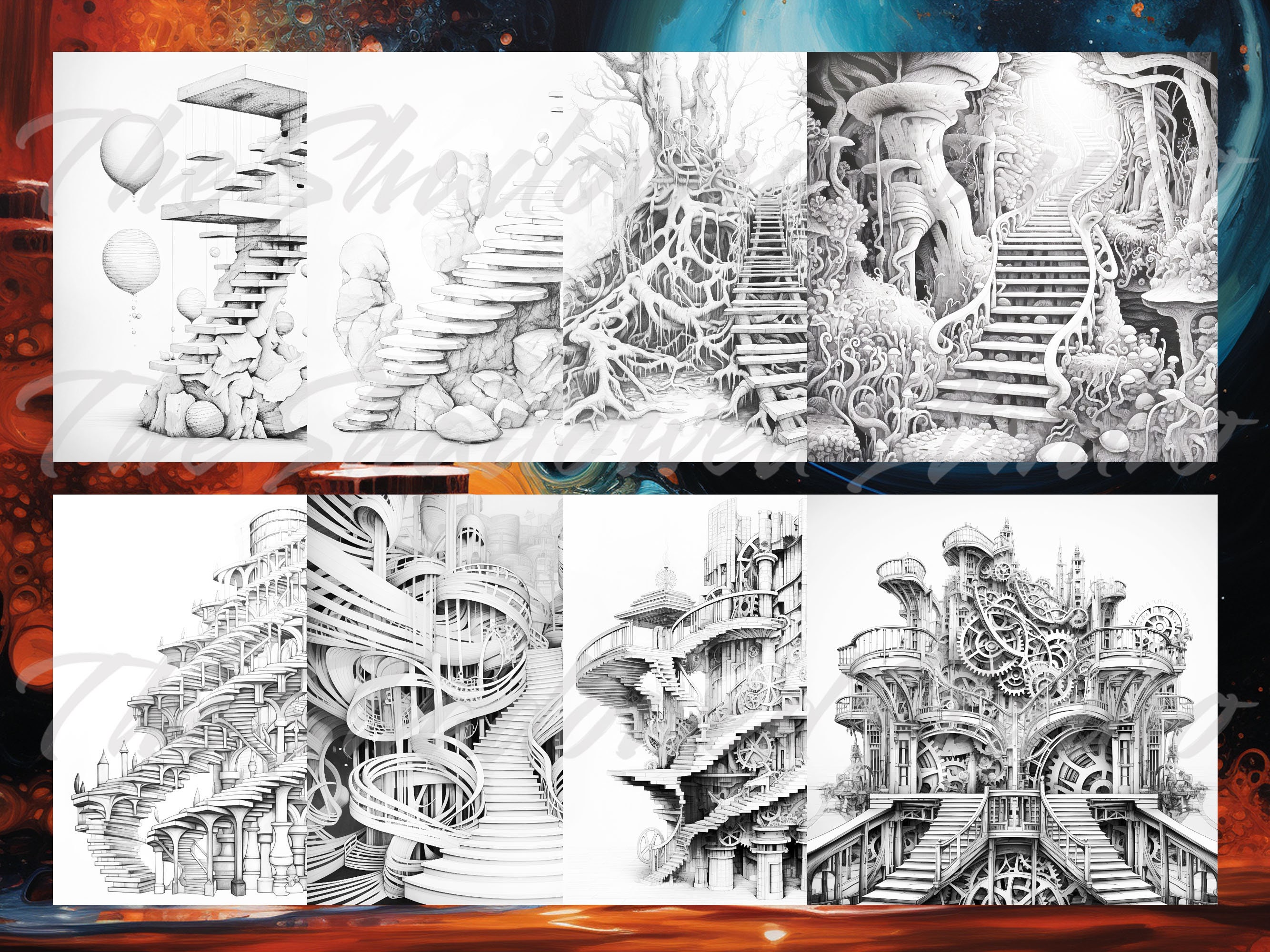 Surreal Staircases 60 Coloring Pages, Fantasy, Relaxing, Fun, Greyscale ...