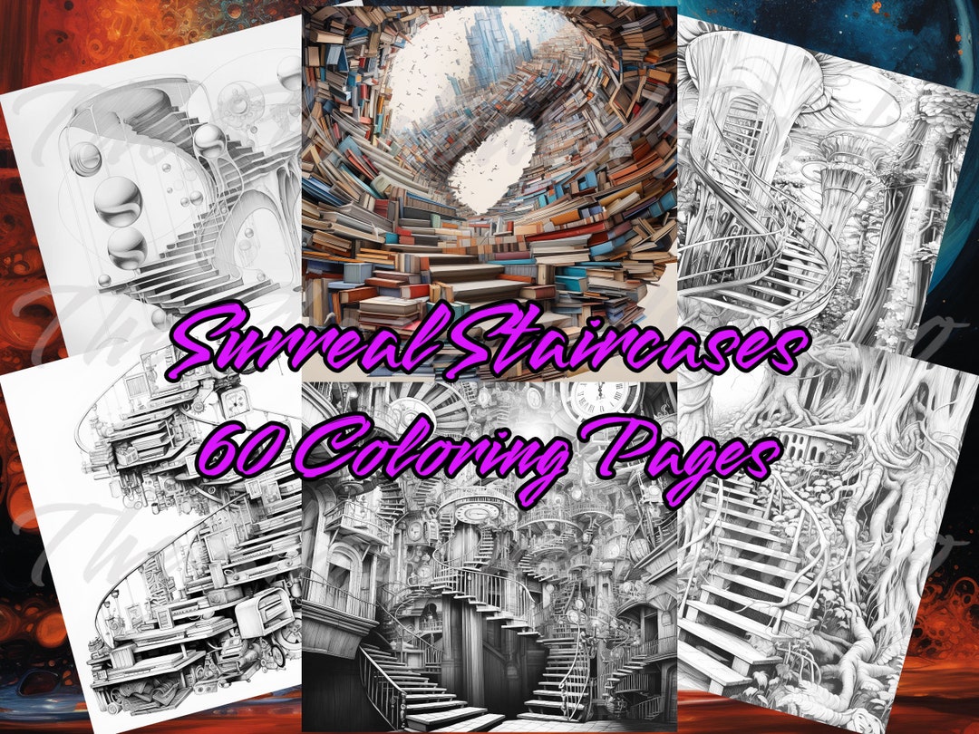 Surreal Staircases 60 Coloring Pages, Fantasy, Relaxing, Fun, Greyscale ...