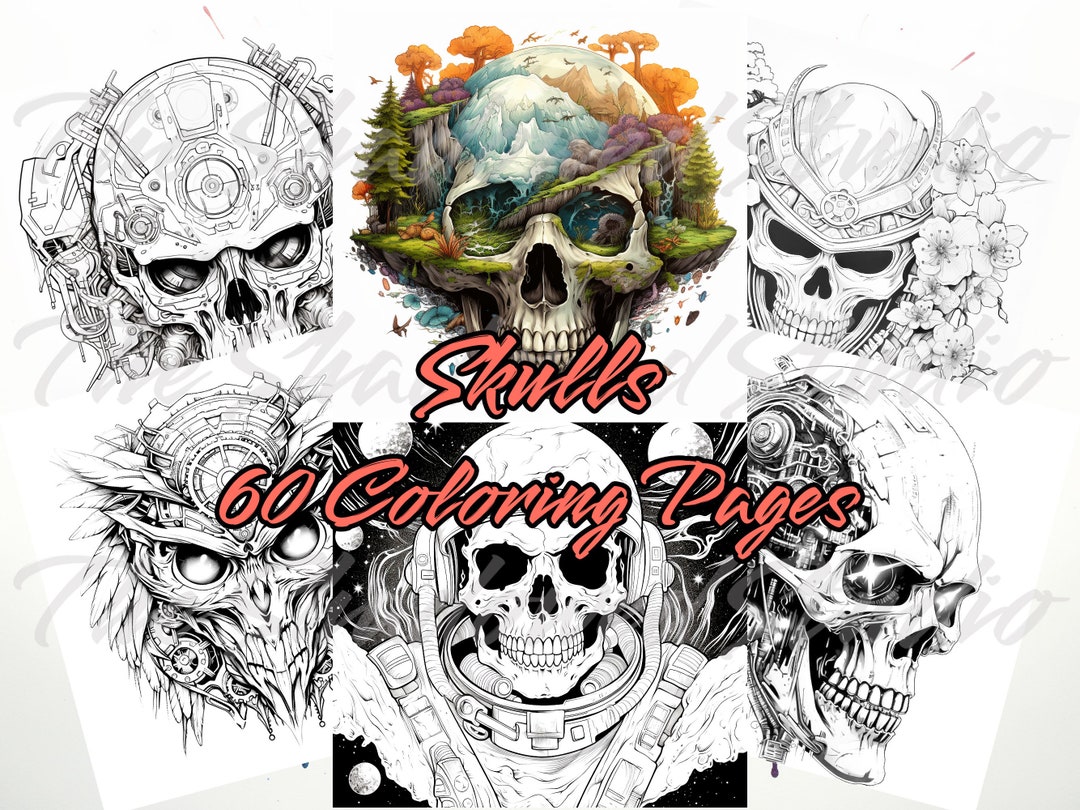 60 Skulls Coloring Pages, Fantasy, Relaxing, Fun, Greyscale Images ...