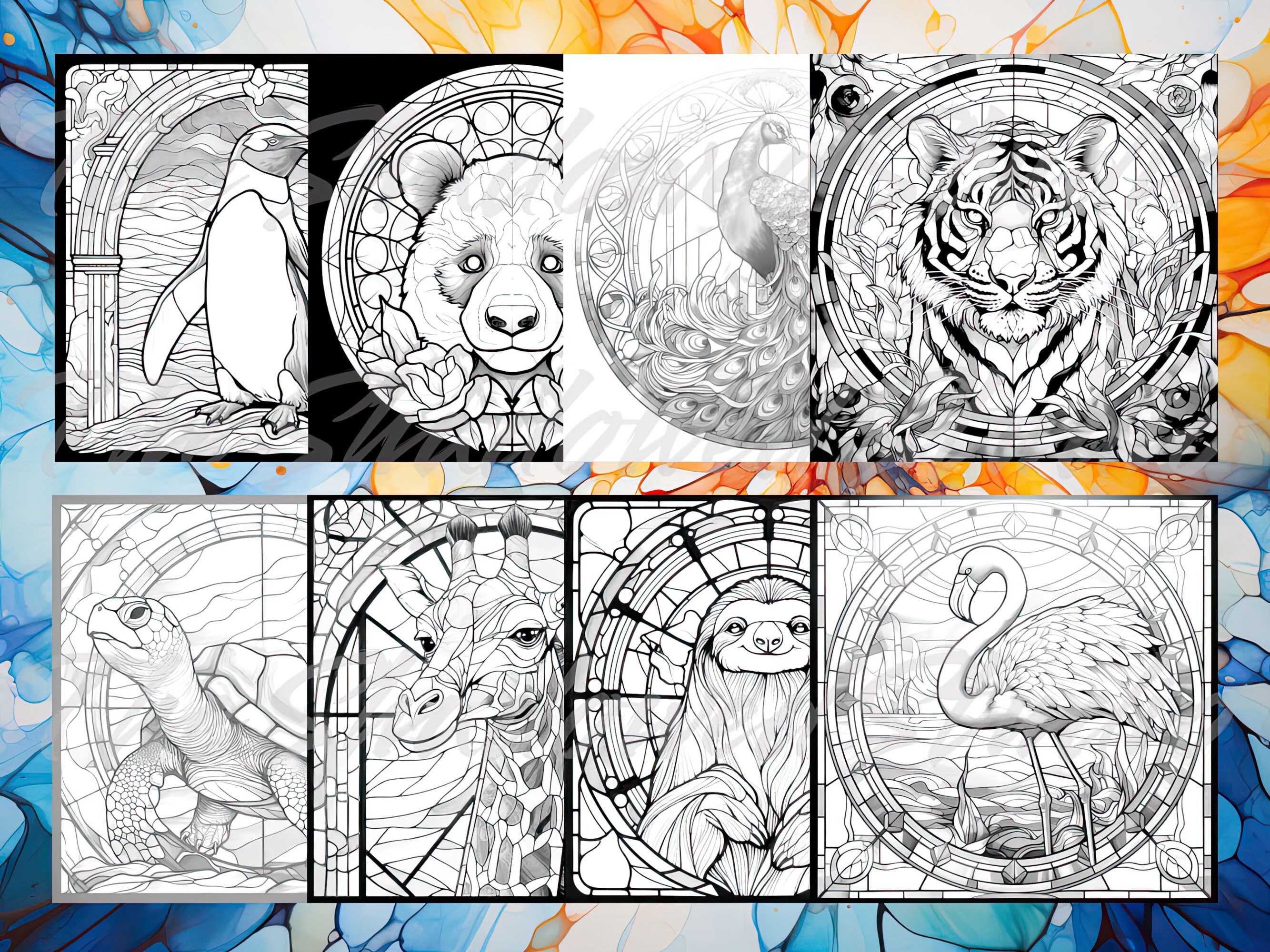 60 Stained Glass Animals Coloring Pages, Cute, Relaxing, Fun, Greyscale ...