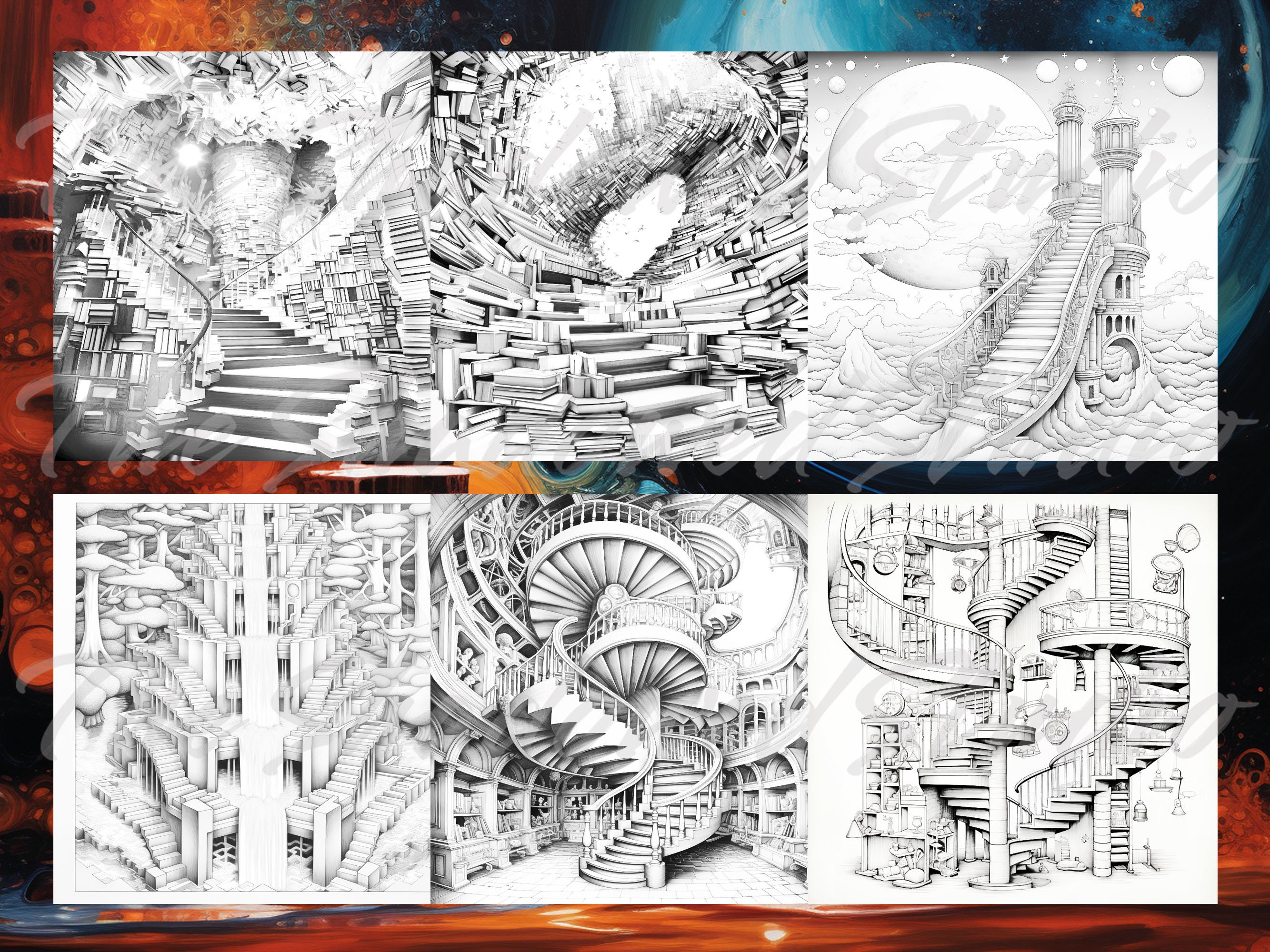 Surreal Staircases 60 Coloring Pages, Fantasy, Relaxing, Fun, Greyscale ...