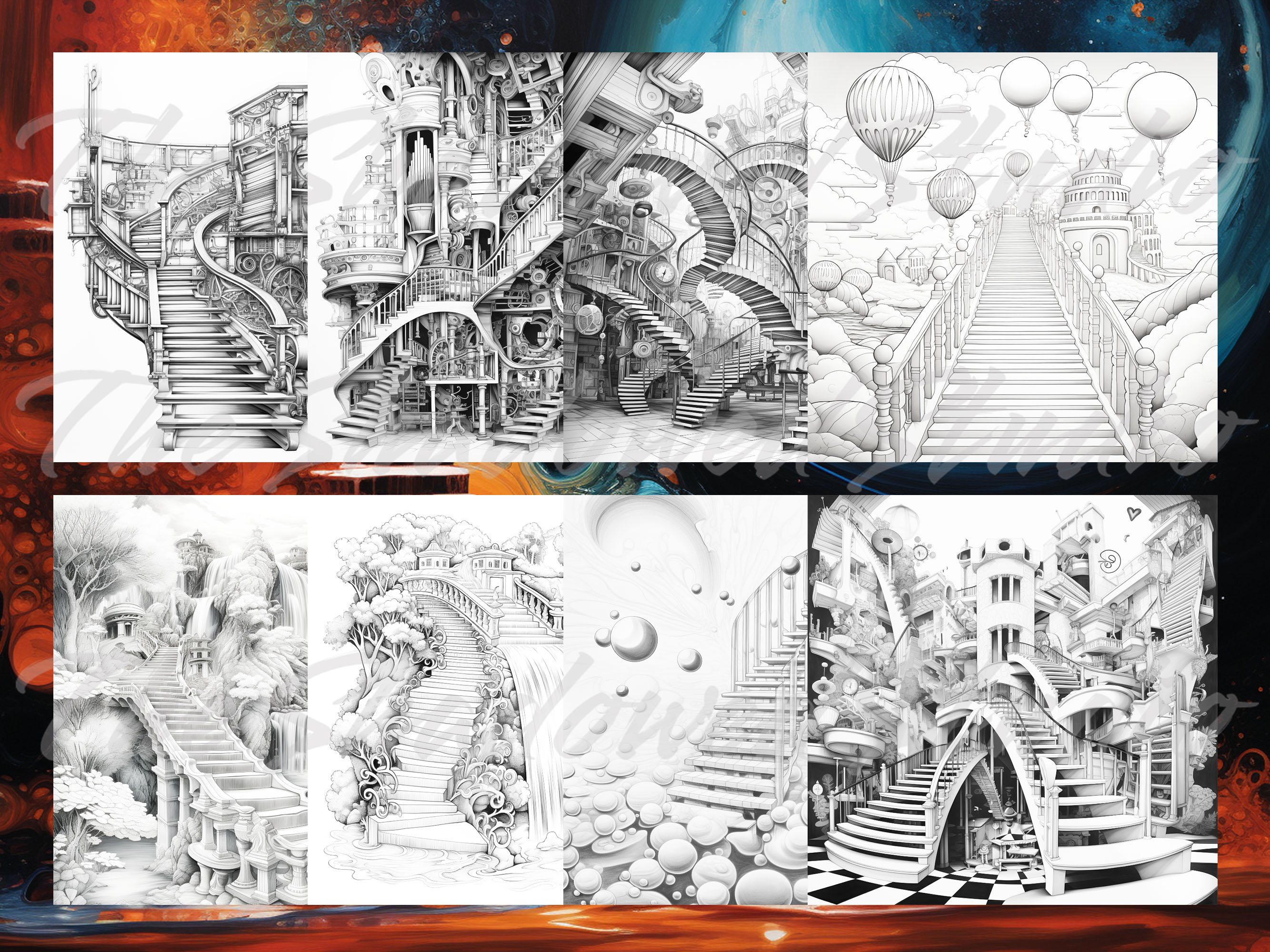 Surreal Staircases 60 Coloring Pages, Fantasy, Relaxing, Fun, Greyscale ...