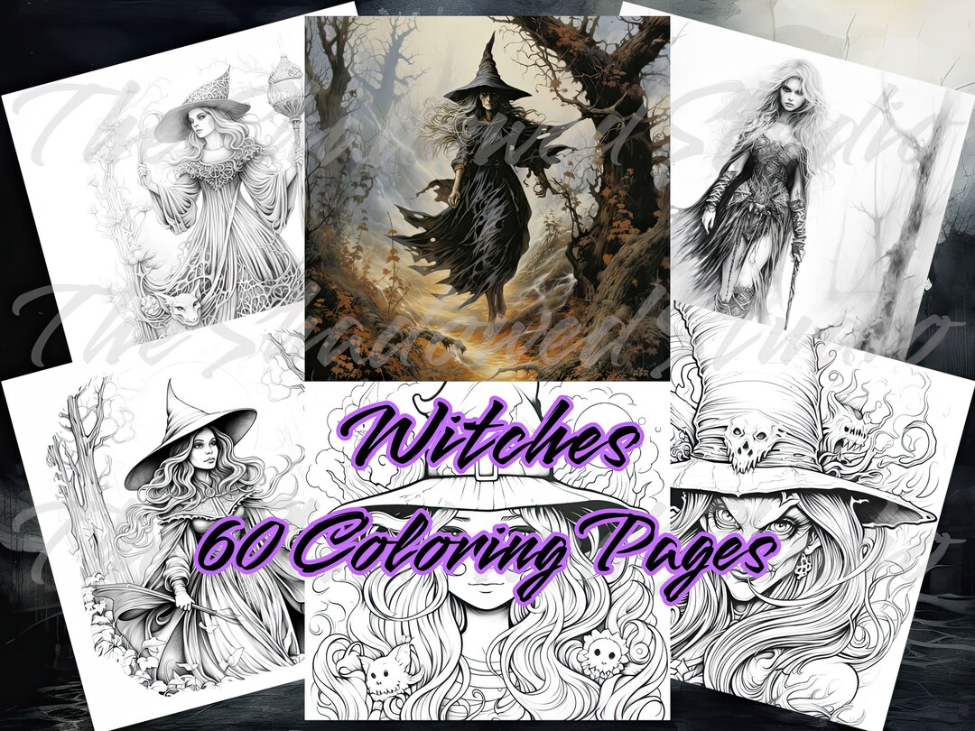 60 Witch Coloring Pages, Magical, Fantasy, Relaxing, Fun, Greyscale ...