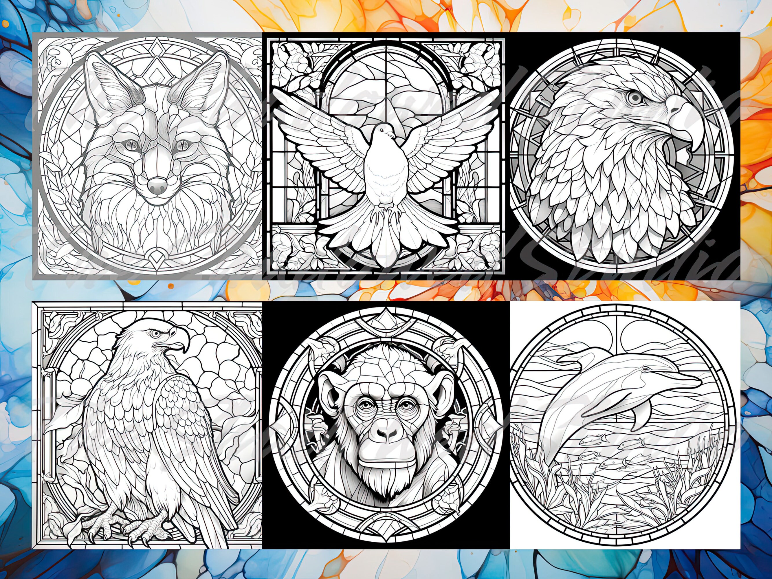 60 Stained Glass Animals Coloring Pages, Cute, Relaxing, Fun, Greyscale ...