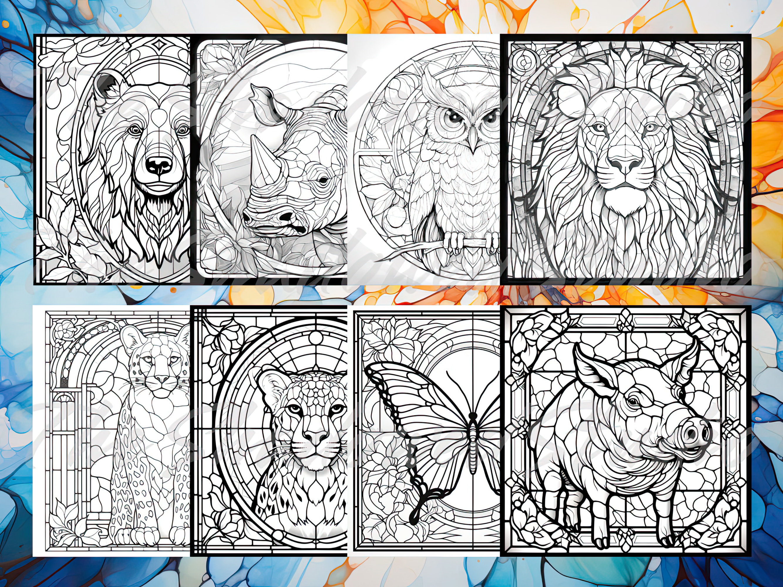 60 Stained Glass Animals Coloring Pages, Cute, Relaxing, Fun, Greyscale ...