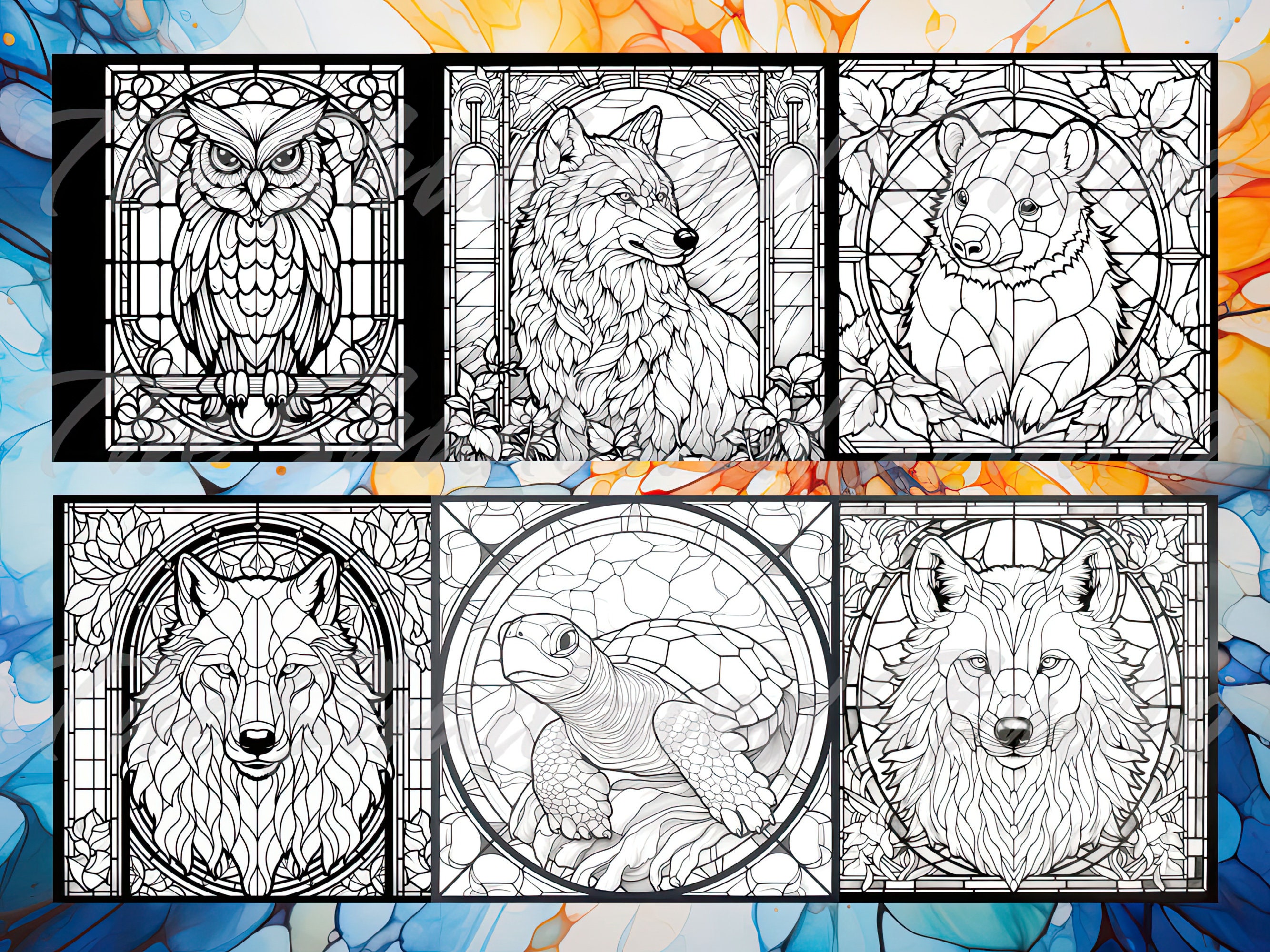 60 Stained Glass Animals Coloring Pages, Cute, Relaxing, Fun, Greyscale ...
