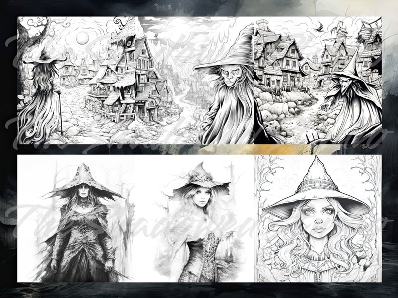 60 Witch Coloring Pages, Magical, Fantasy, Relaxing, Fun, Greyscale ...