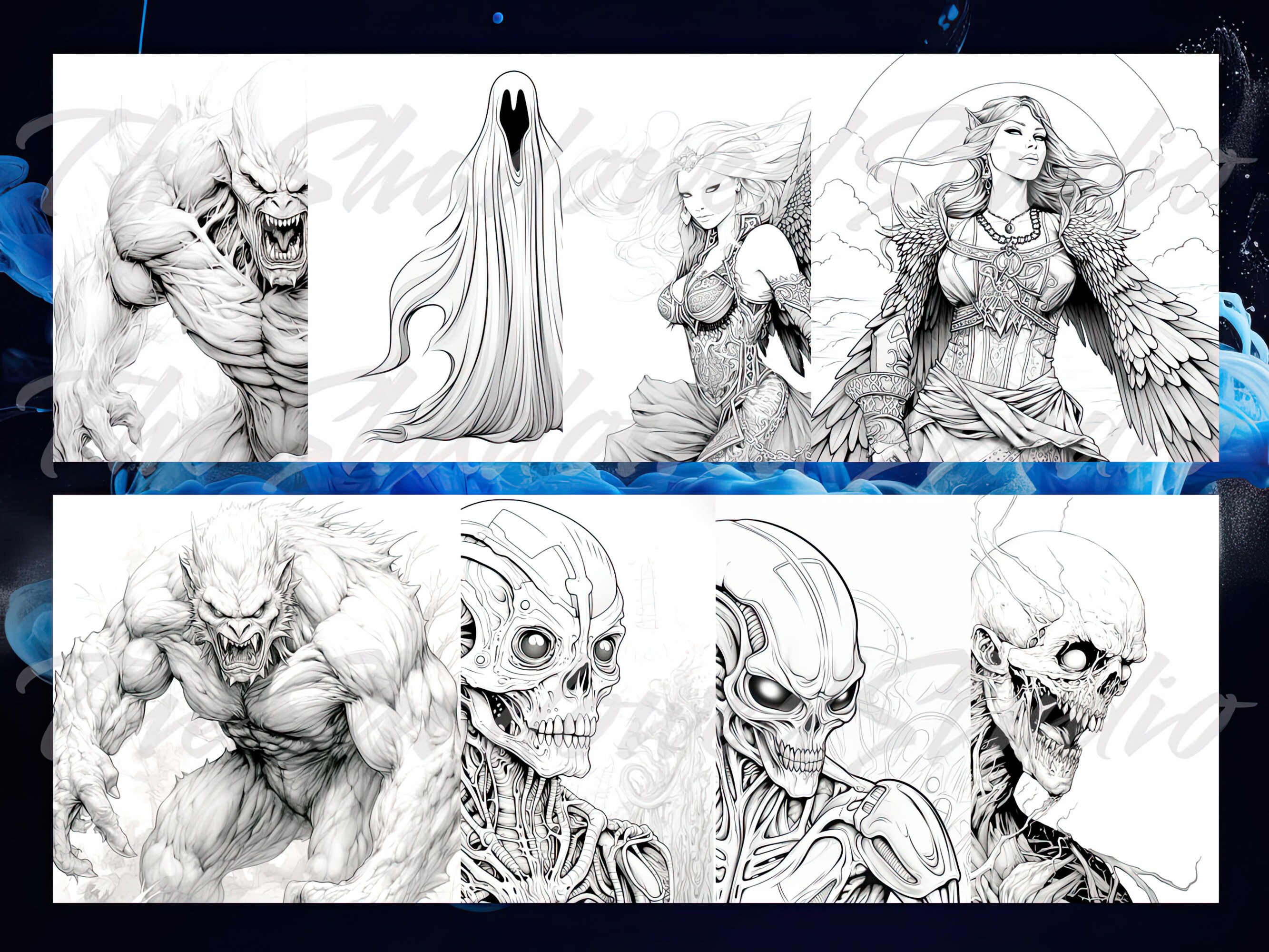 60 Monsters Coloring Book Pages, Fantasy, Relaxing, Fun, Greyscale ...