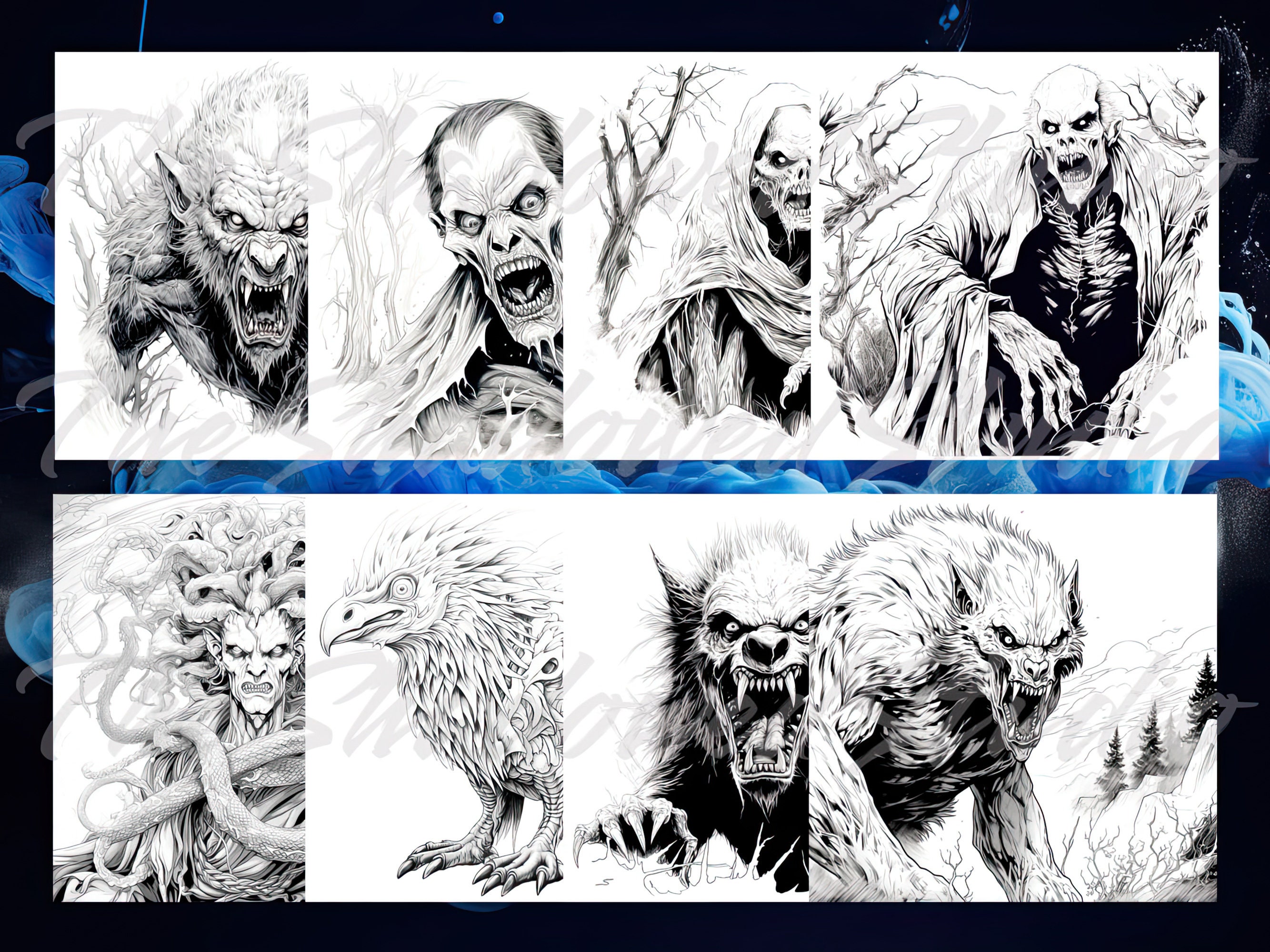 60 Monsters Coloring Book Pages, Fantasy, Relaxing, Fun, Greyscale ...