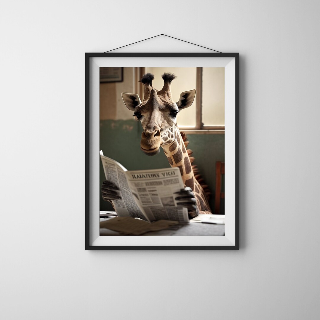 Giraffe Reading a Newspaper Animal Wall Art 5 Popular Sizes Ready to ...