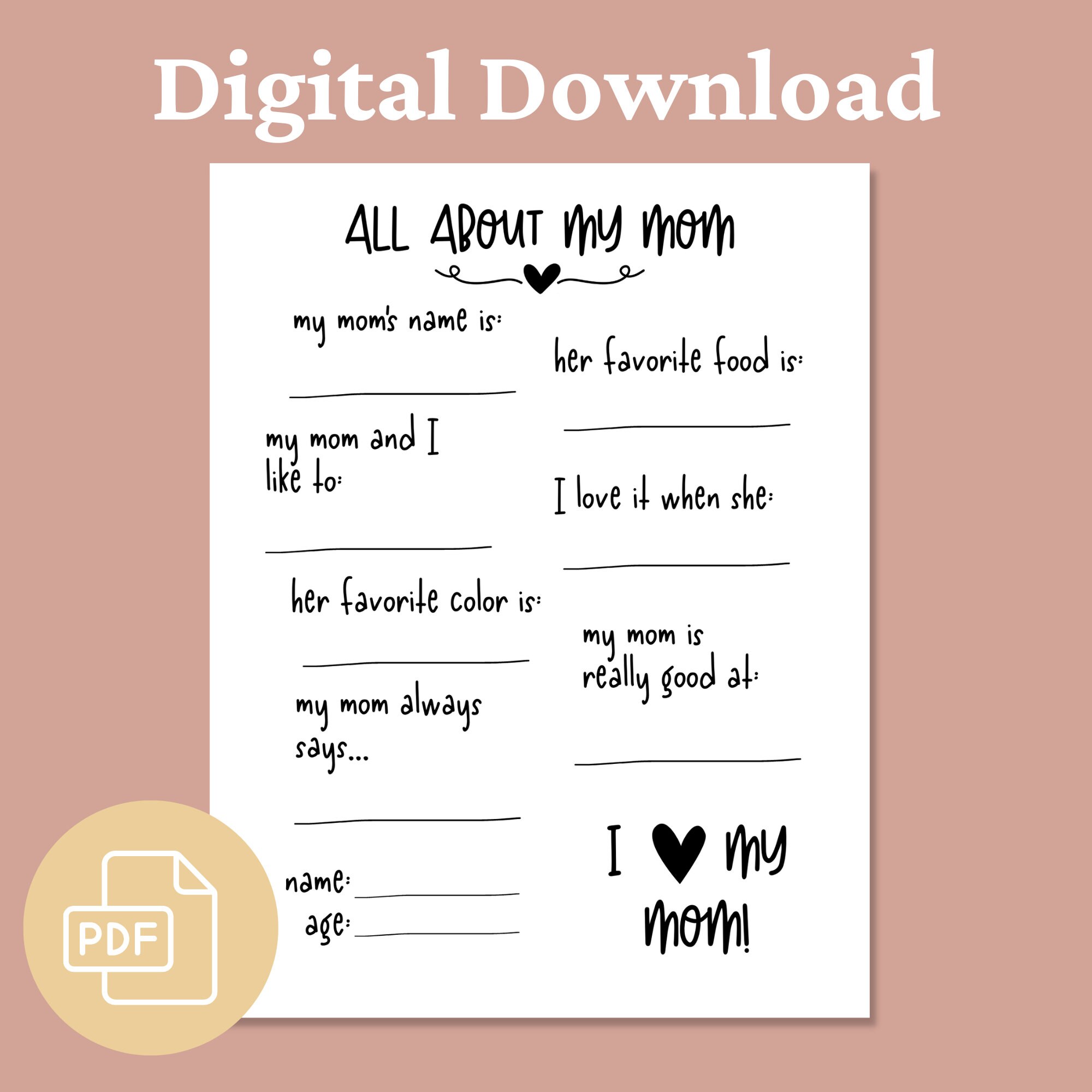 All About My Mom Fill in the Blank Printable for Mother's Day ...
