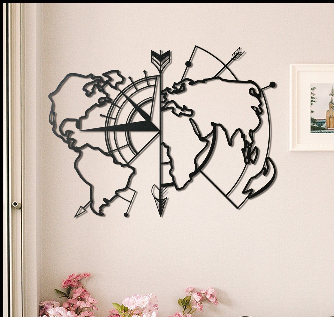 Metal World Map Wall Art: Minimalist Laser Cut Home Decor - Etsy