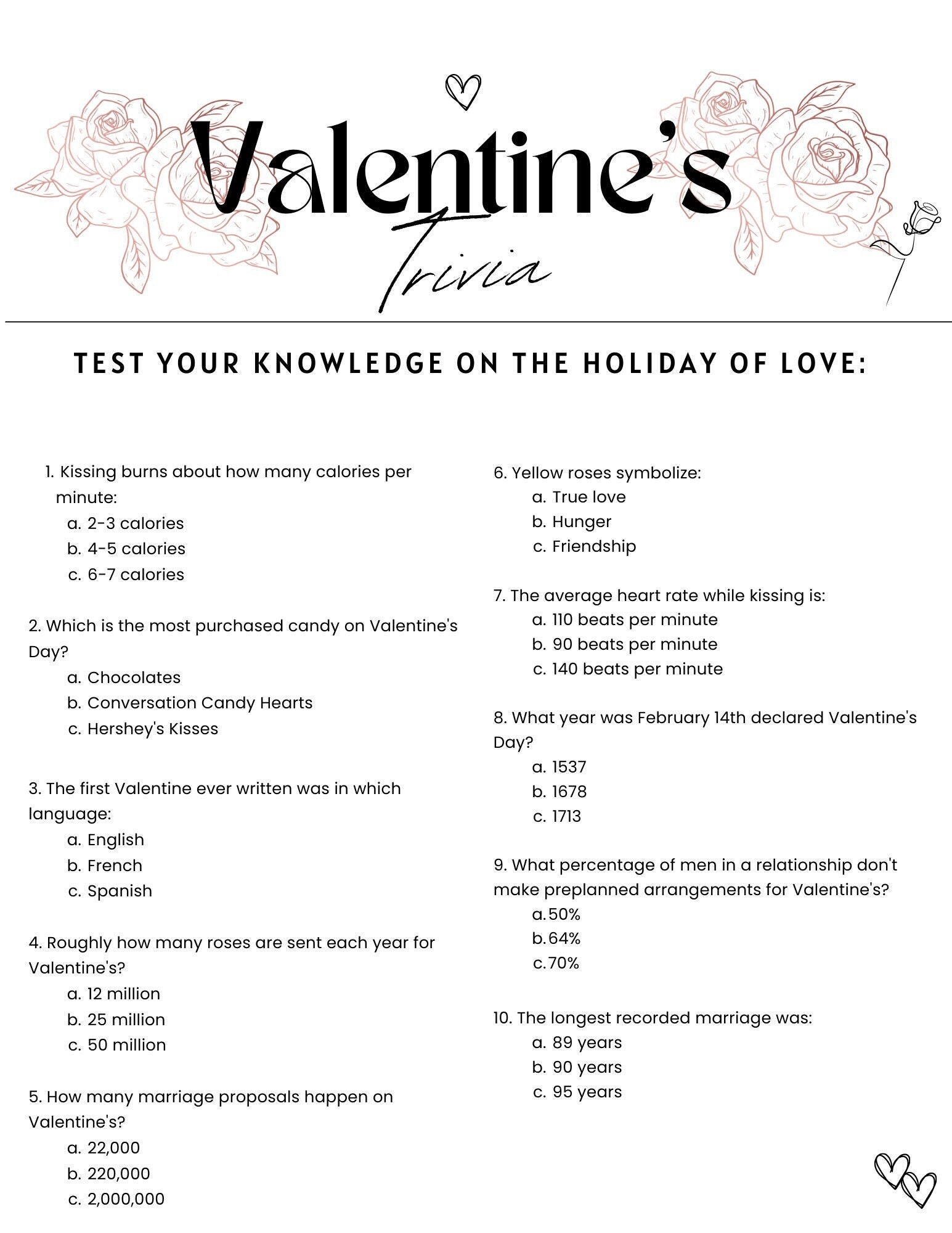 Valentines Day Trivia Game Valentines Party Games Party Activity for ...