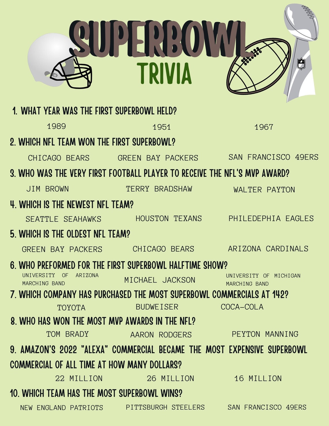 Superbowl Party Trivia Game Fun Activity for Groups Answers - Etsy