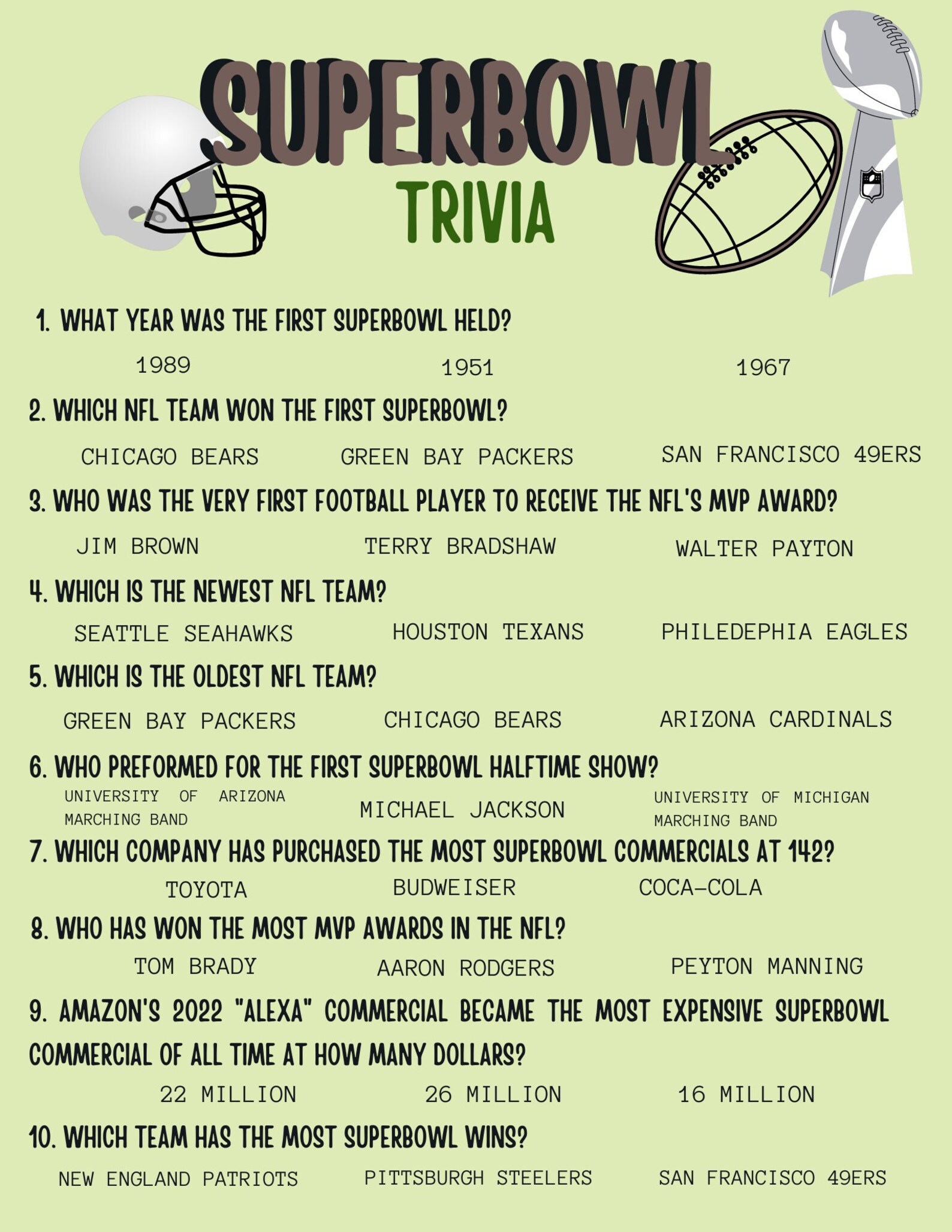 Superbowl Party Trivia Game Fun Activity for Groups Answers - Etsy
