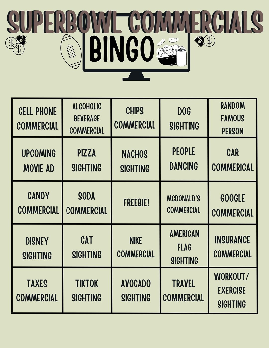 Superbowl Party Commercial Bingo Game Activity for Groups and Kids Fun ...