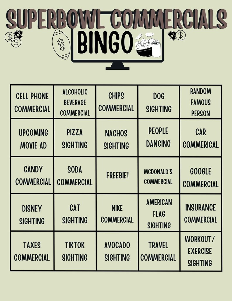 Superbowl Party Commercial Bingo Game Activity for Groups and Kids Fun ...