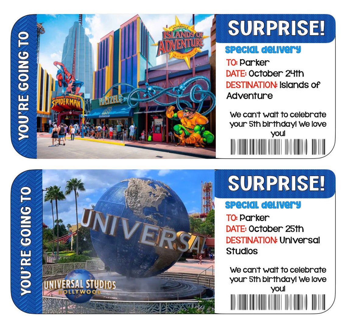 Personalized Surprise Vacation Ticket to Universal/islands (digital ...