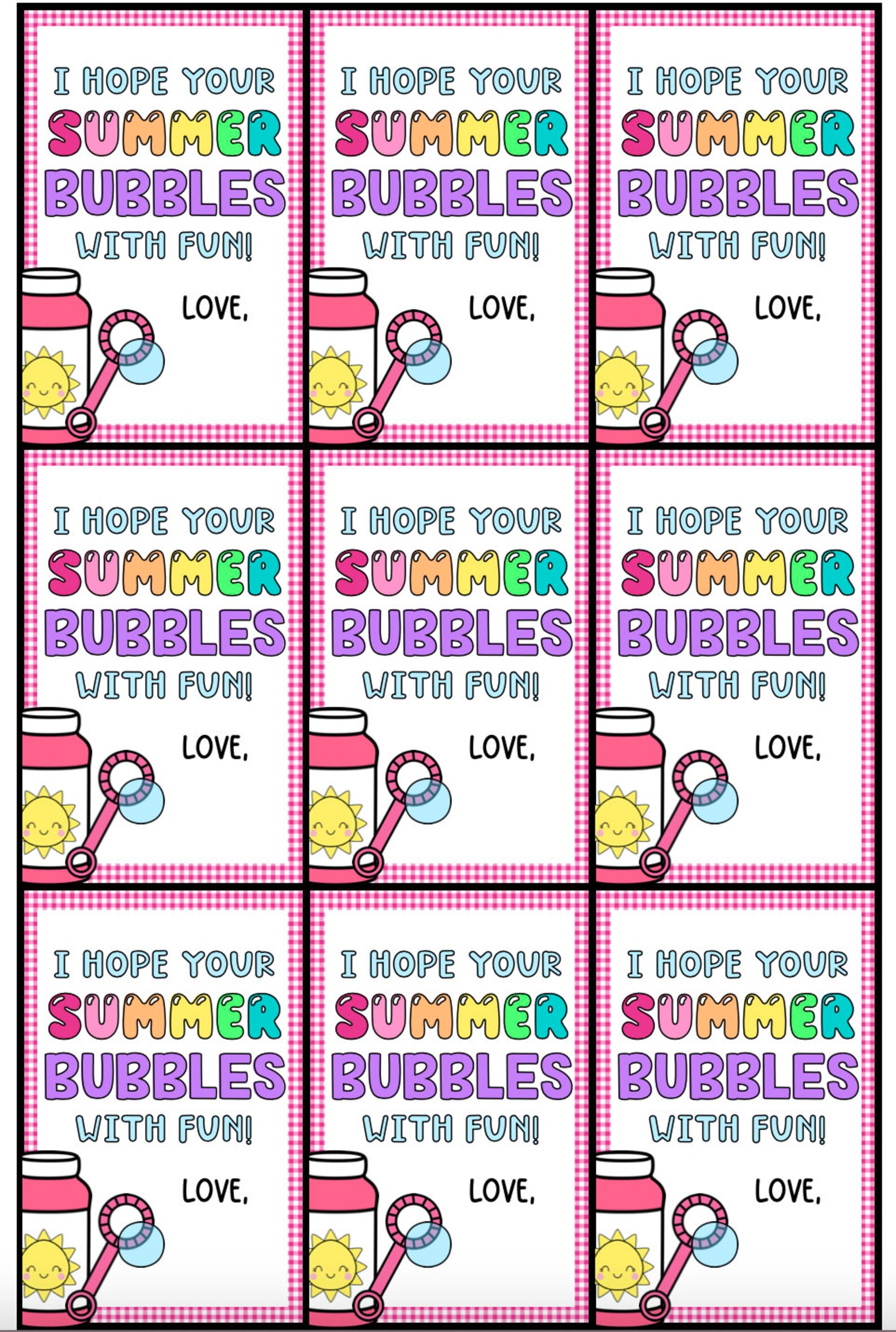 Summer Bubbles Gift Tag Printable: End of Year Class Exchange (digital ...