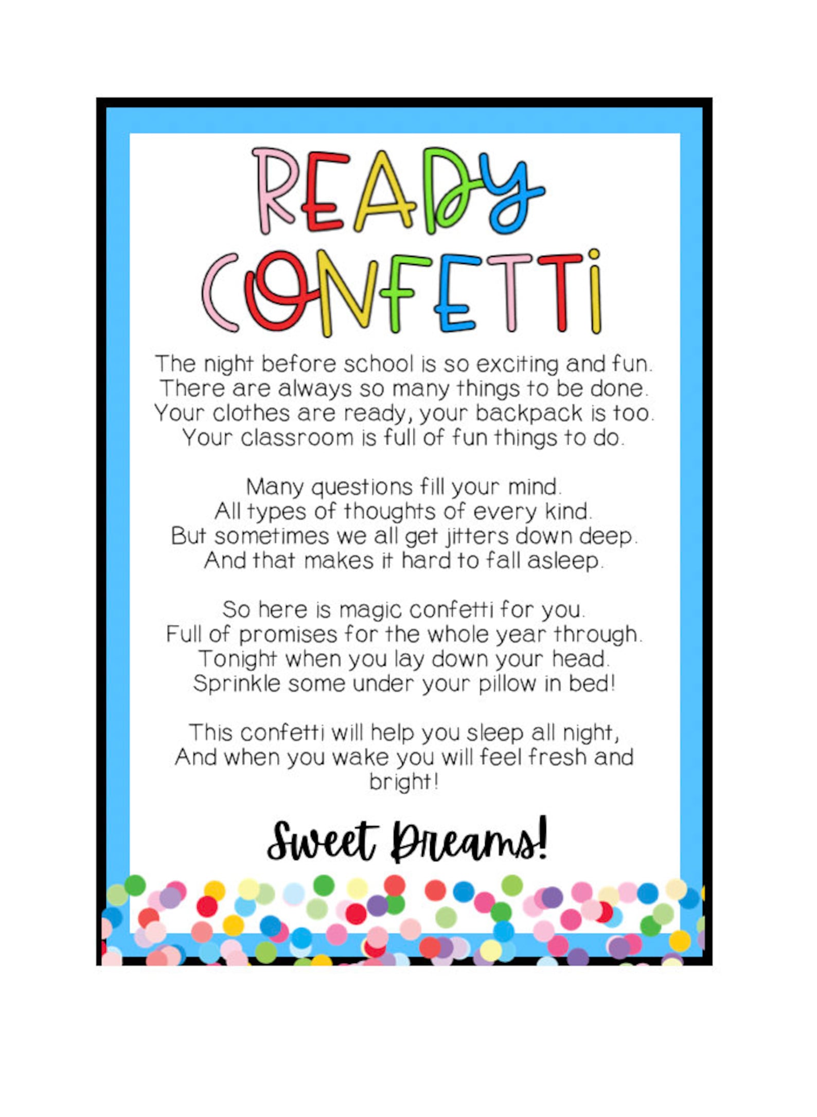 Ready Confetti Gift Tag: Night Before School Poem (digital Download) - Etsy