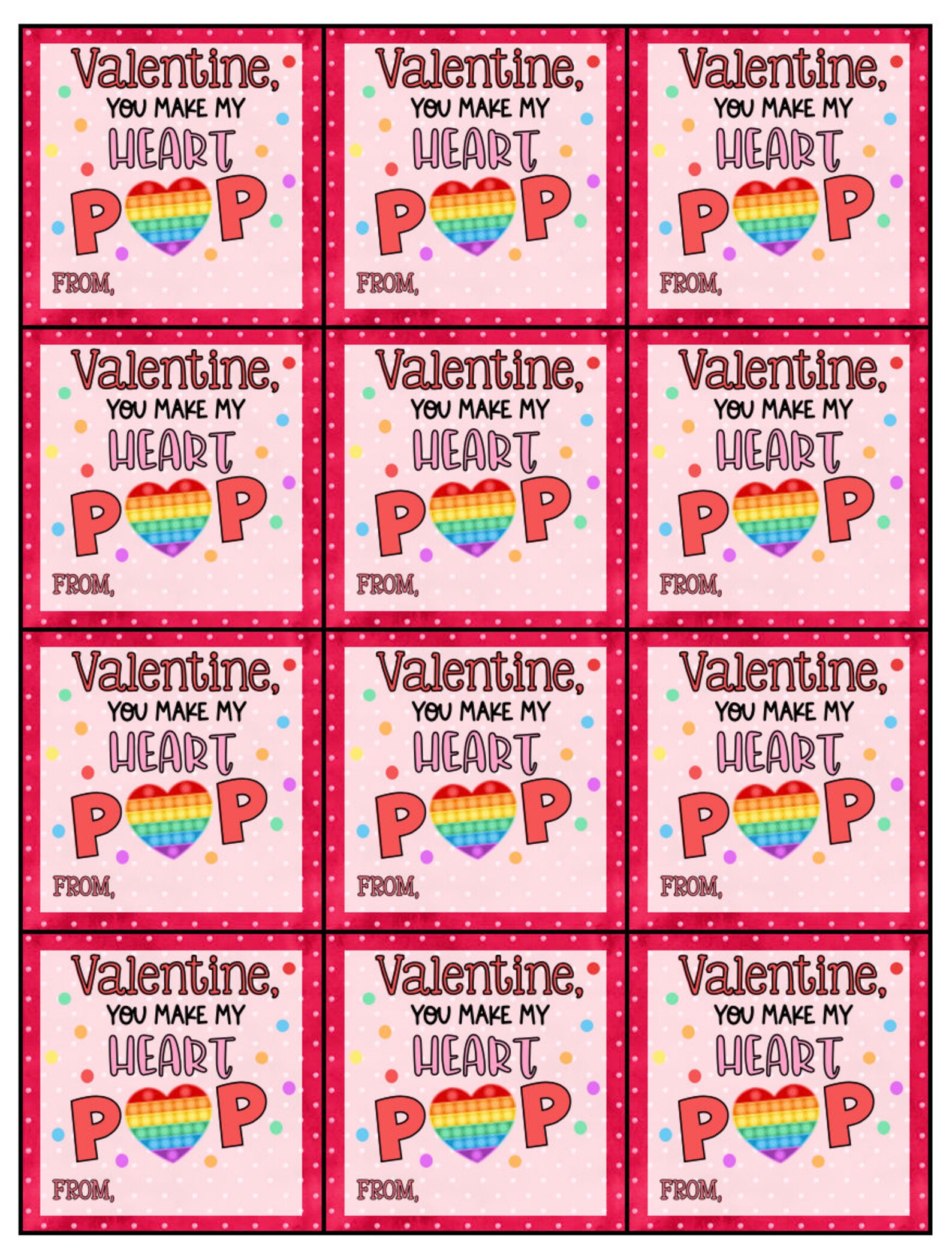 Pop Its Class Gift Valentine, Push Pop Printable, Preschool Gift ...