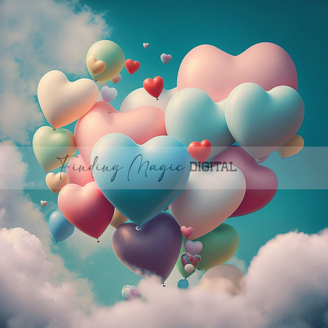 4 Art Digital Backdrop, Heart Balloons in the Sky, Great for Add on ...