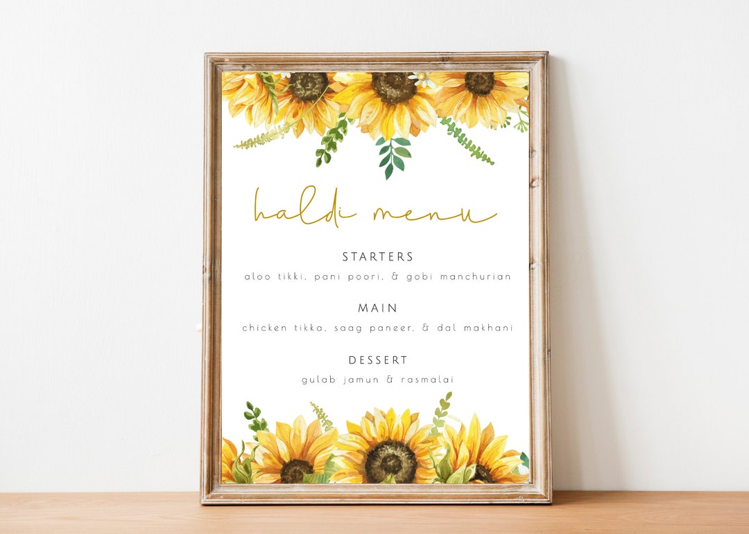 Sunflower Haldi Menu Sign, Brunch Menu Sign, Sunflower Wedding Sign, 2 ...