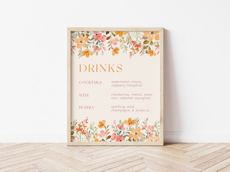 Colorful Wildflower Bridal Shower Bar Sign, Drinks Beverages Sign ...