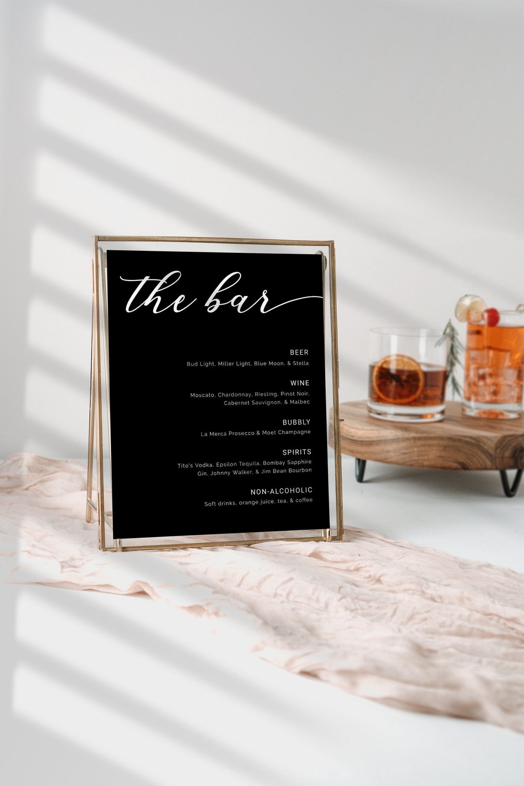 Minimalist Modern Bar Menu Table Sign, Elegant, Classic Script Custom ...