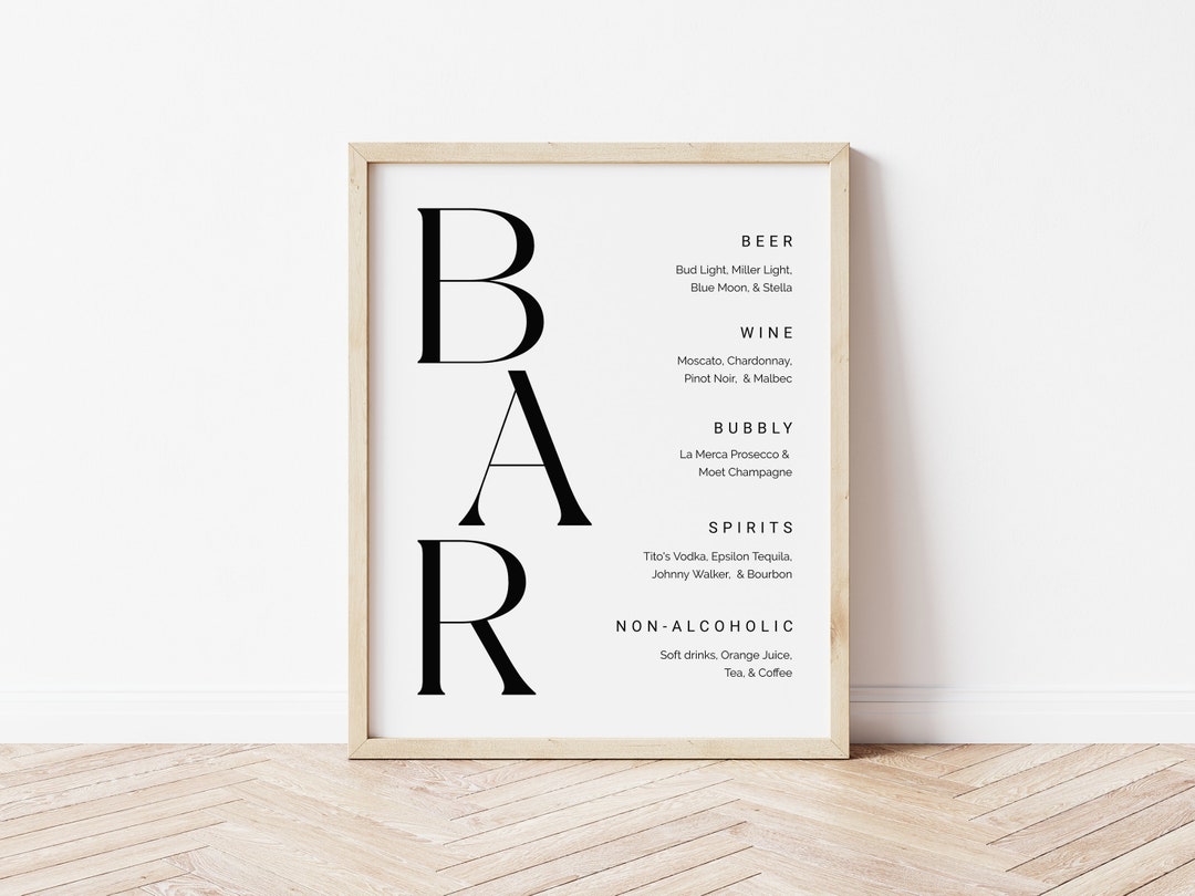 Minimalist Modern Bar Menu Table Sign, Elegant, Classic Bold Custom ...