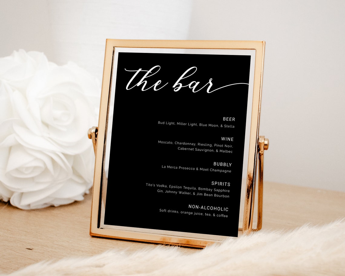 Minimalist Modern Bar Menu Table Sign, Elegant, Classic Script Custom ...