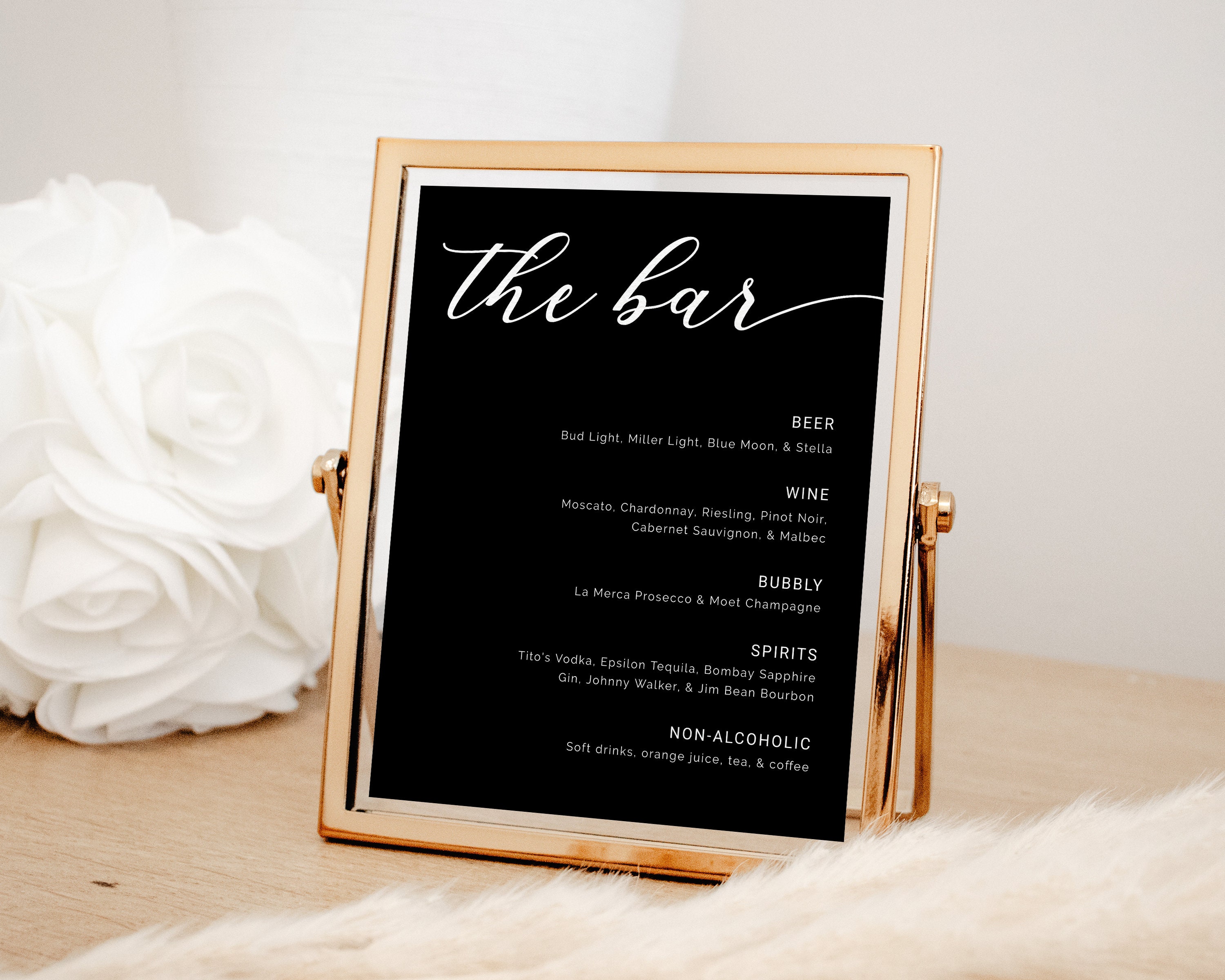 Minimalist Modern Bar Menu Table Sign, Elegant, Classic Script Custom ...
